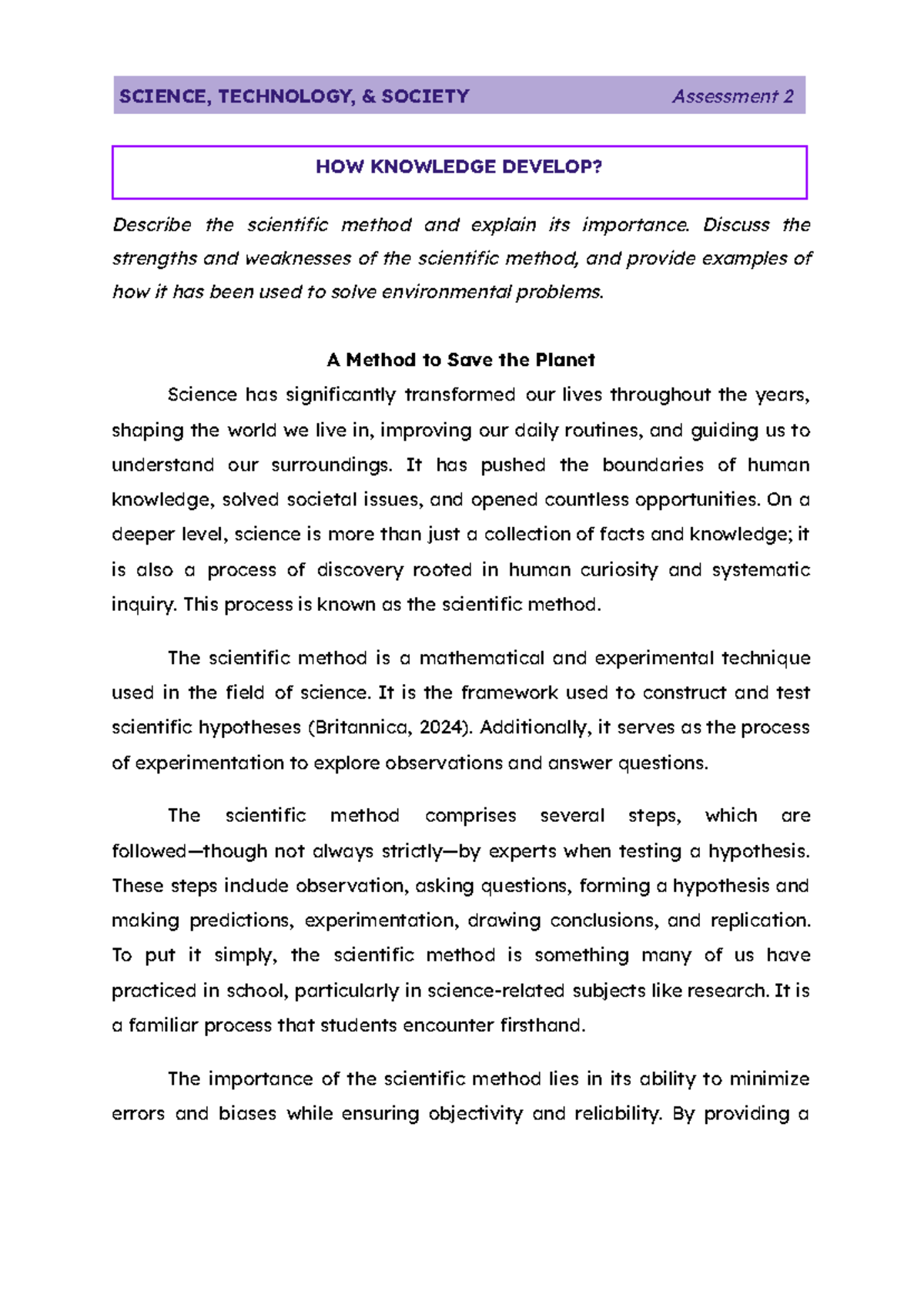 Assessment 2: The Scientific Method's Role in Environmental Solutions ...