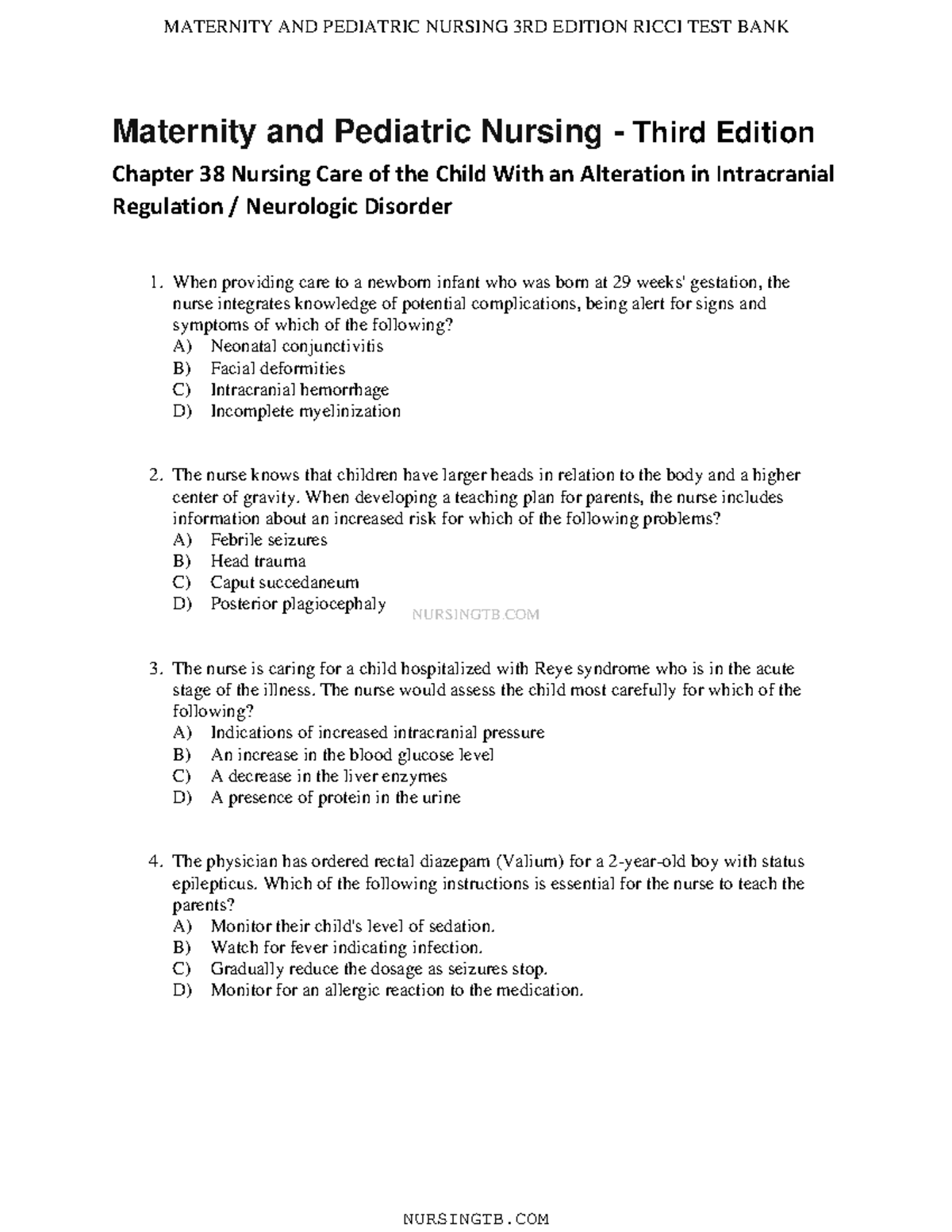 Chapter 38 Test Bank: Nursing Care of Children with Neurologic ...