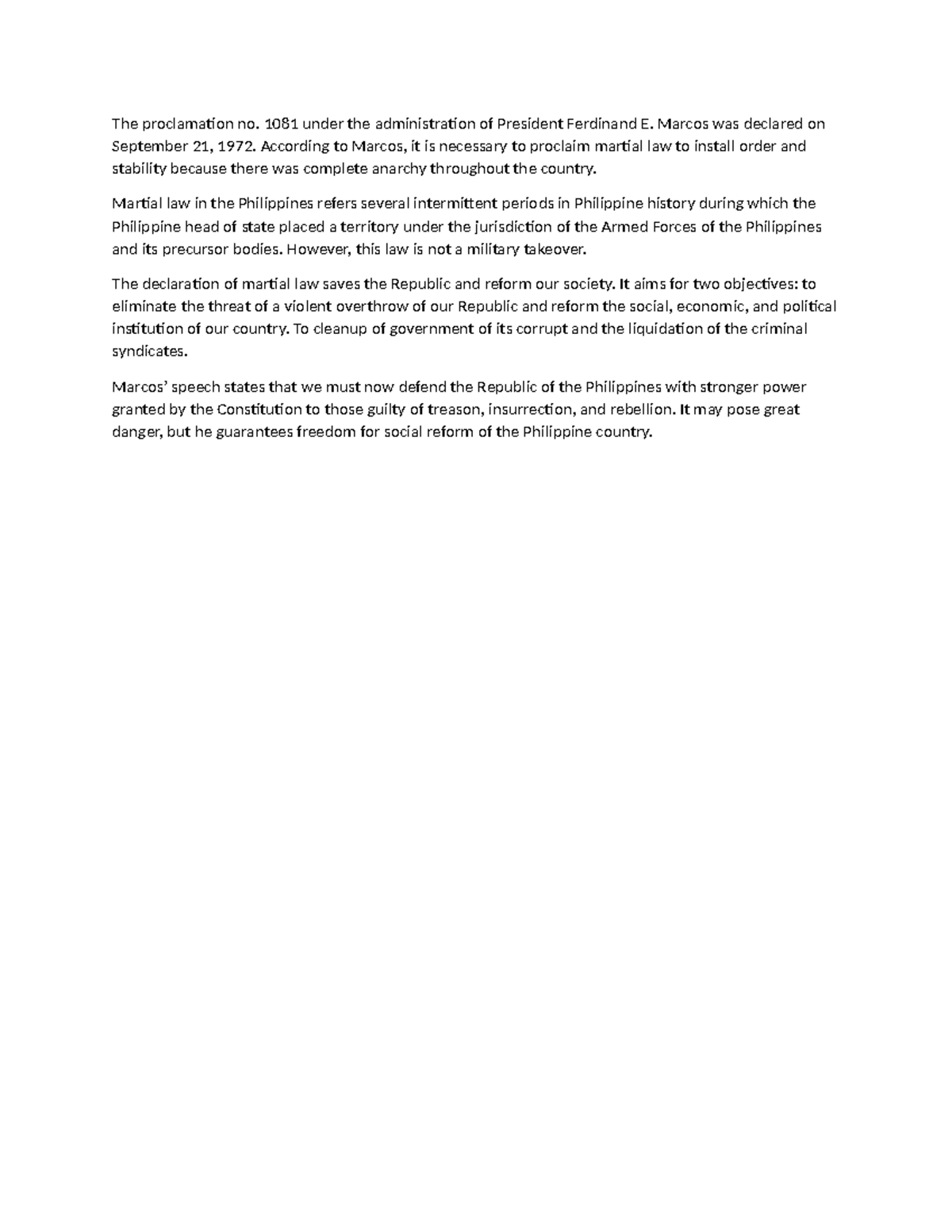 Martial Law in the Philippines: Proclamation No. 1081 Analysis - Studocu