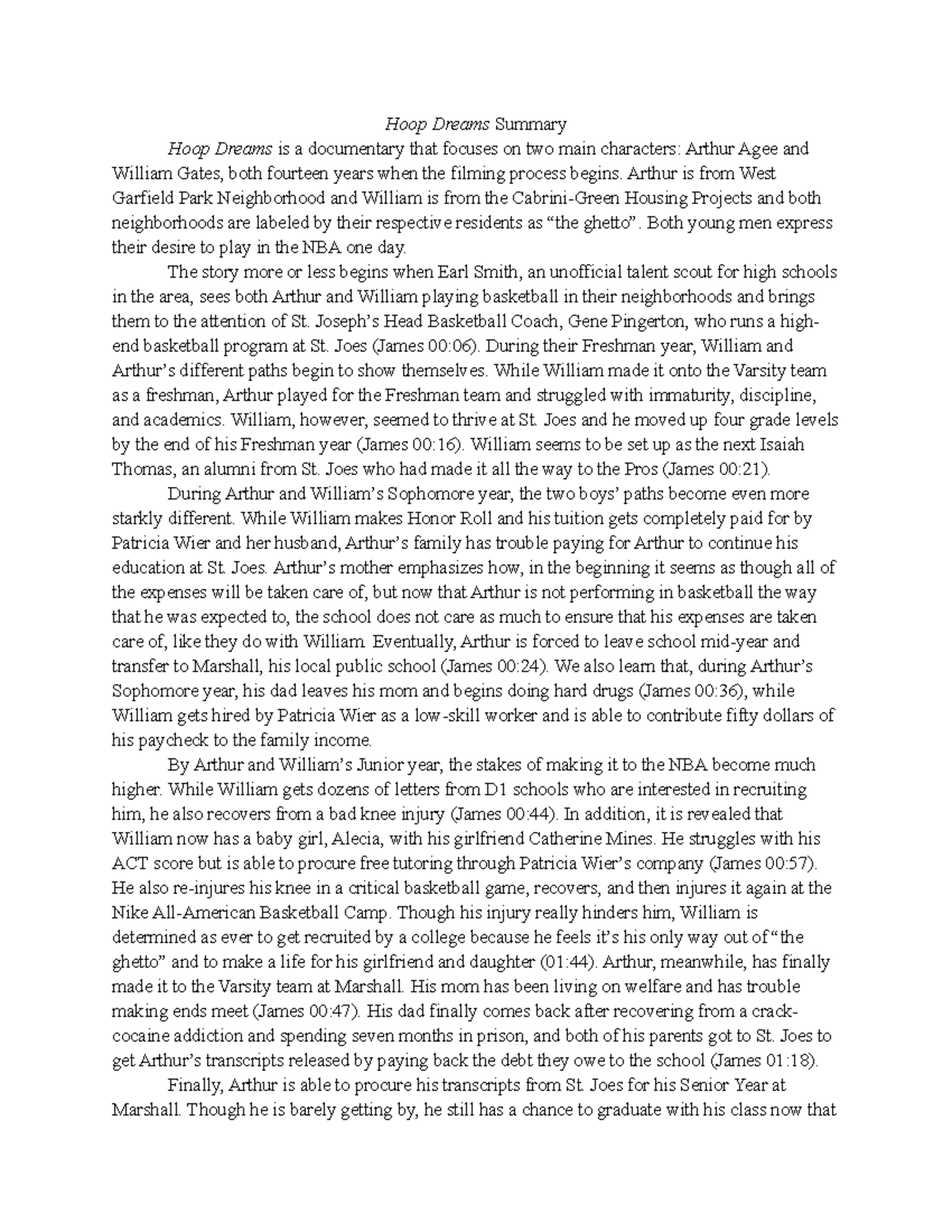 _Hoop Dreams_ Documentary Summary: Arthur and William's Journey - Studocu