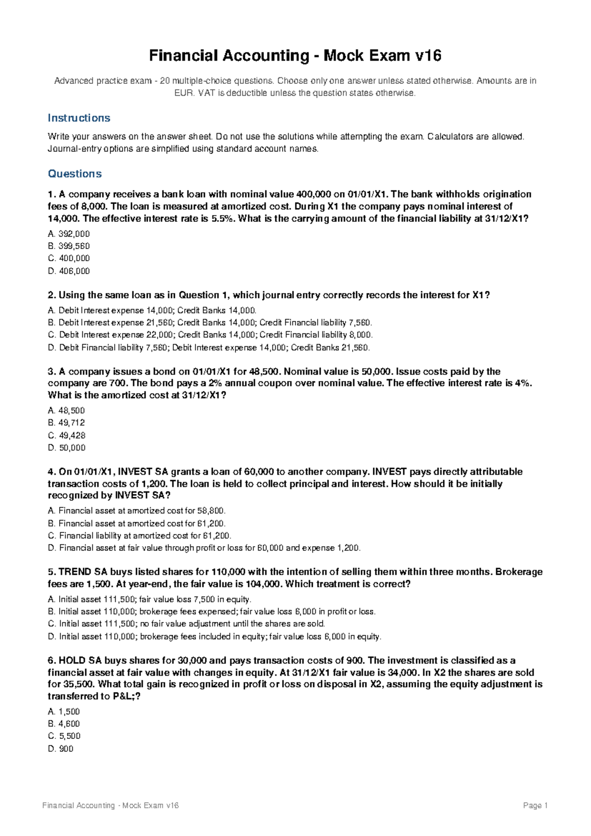 Financial Accounting Mock Exam V16: 20 Practice Questions - Studocu
