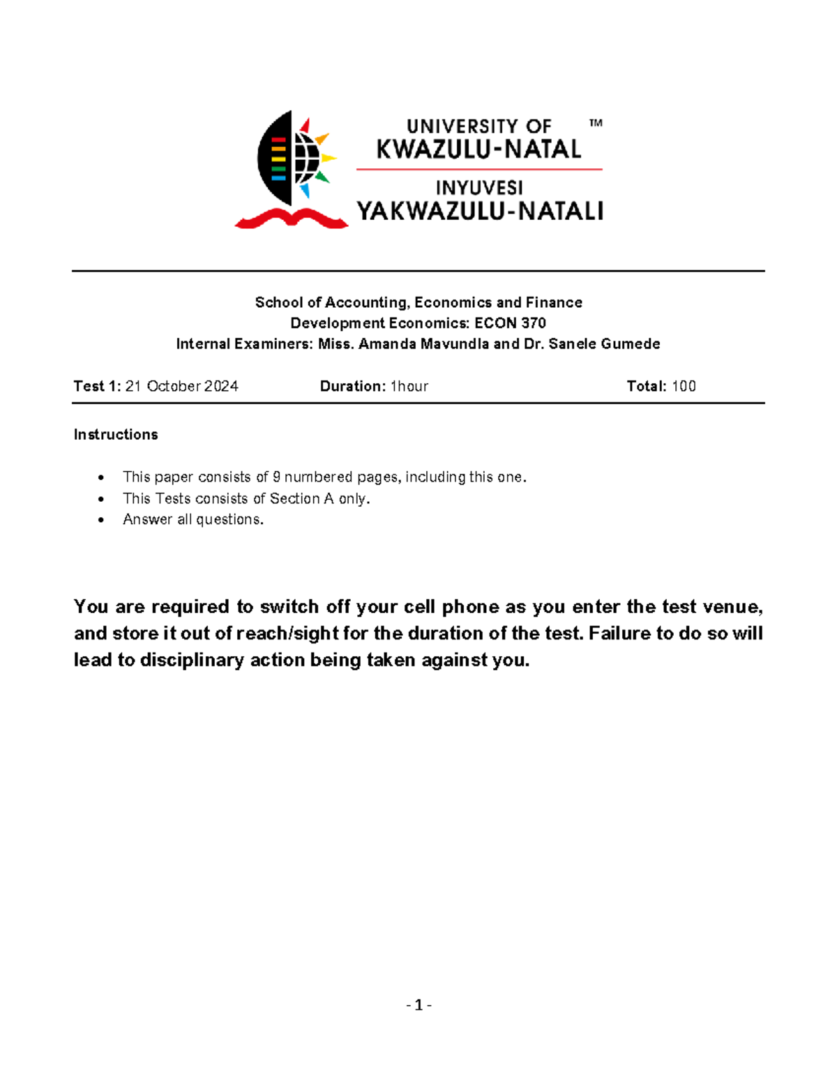 T3 - Print - PAST EXAM - School of Accounting, Economics and Finance ...