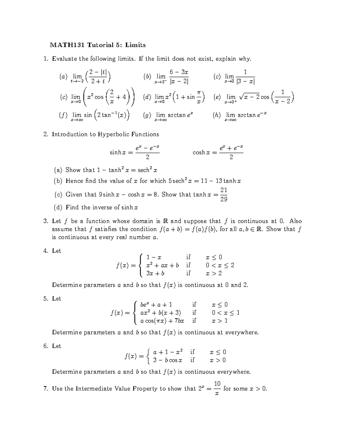 MATH131 Tutorial 5: Evaluating Limits and Continuity Concepts - Studocu