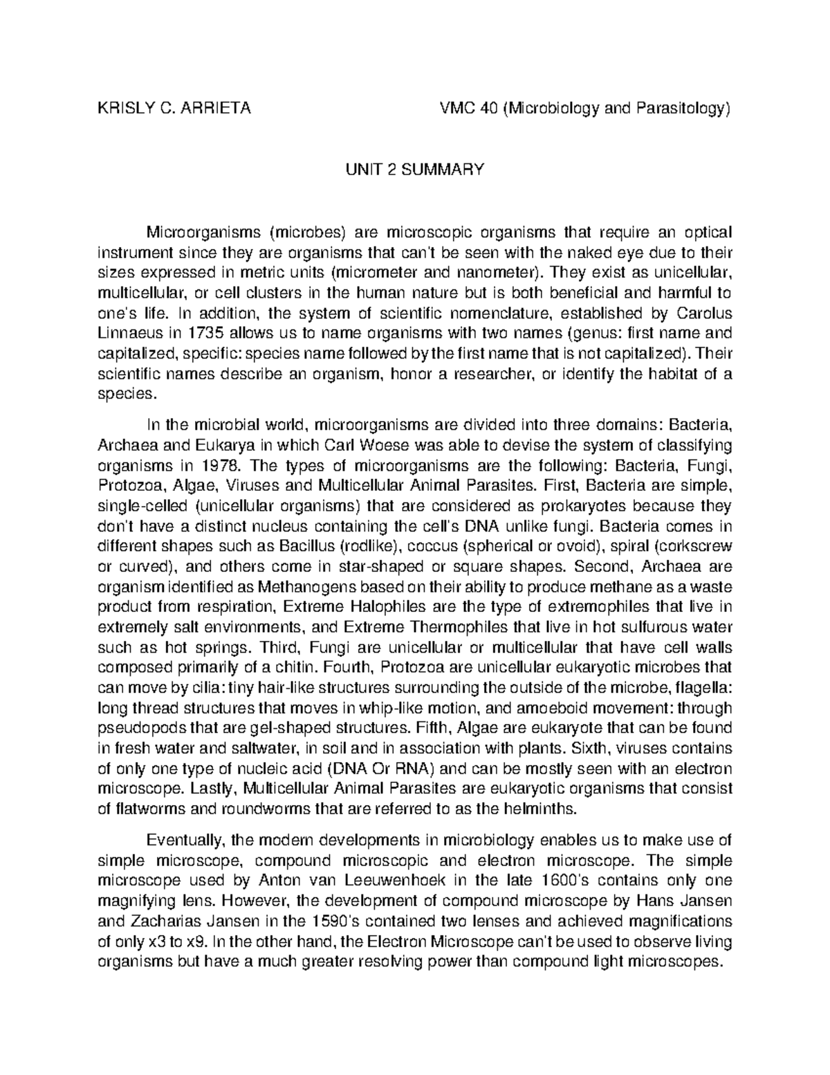 VMC 40 Unit 2 Summary - KRISLY C. ARRIETA VMC 40 (Microbiology and ...