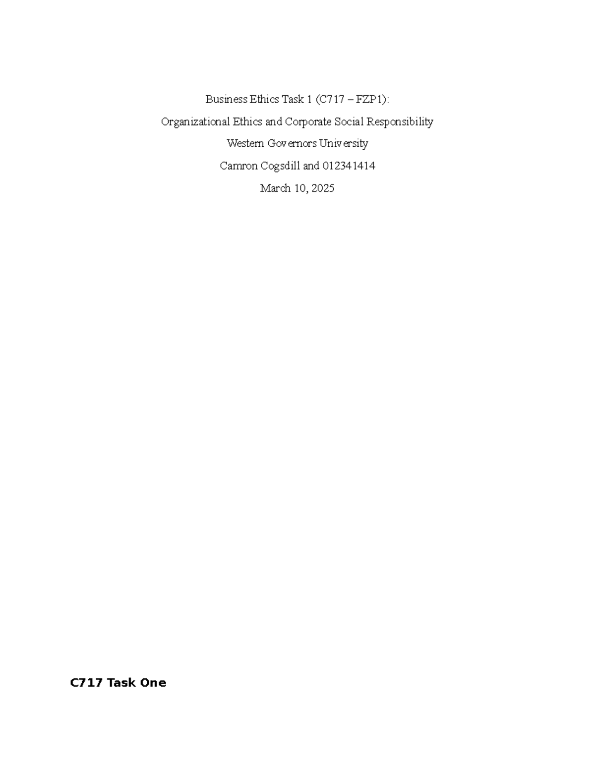 C717 FZP1: Business Ethics Task 1 - Organizational Ethics & CSR - Studocu