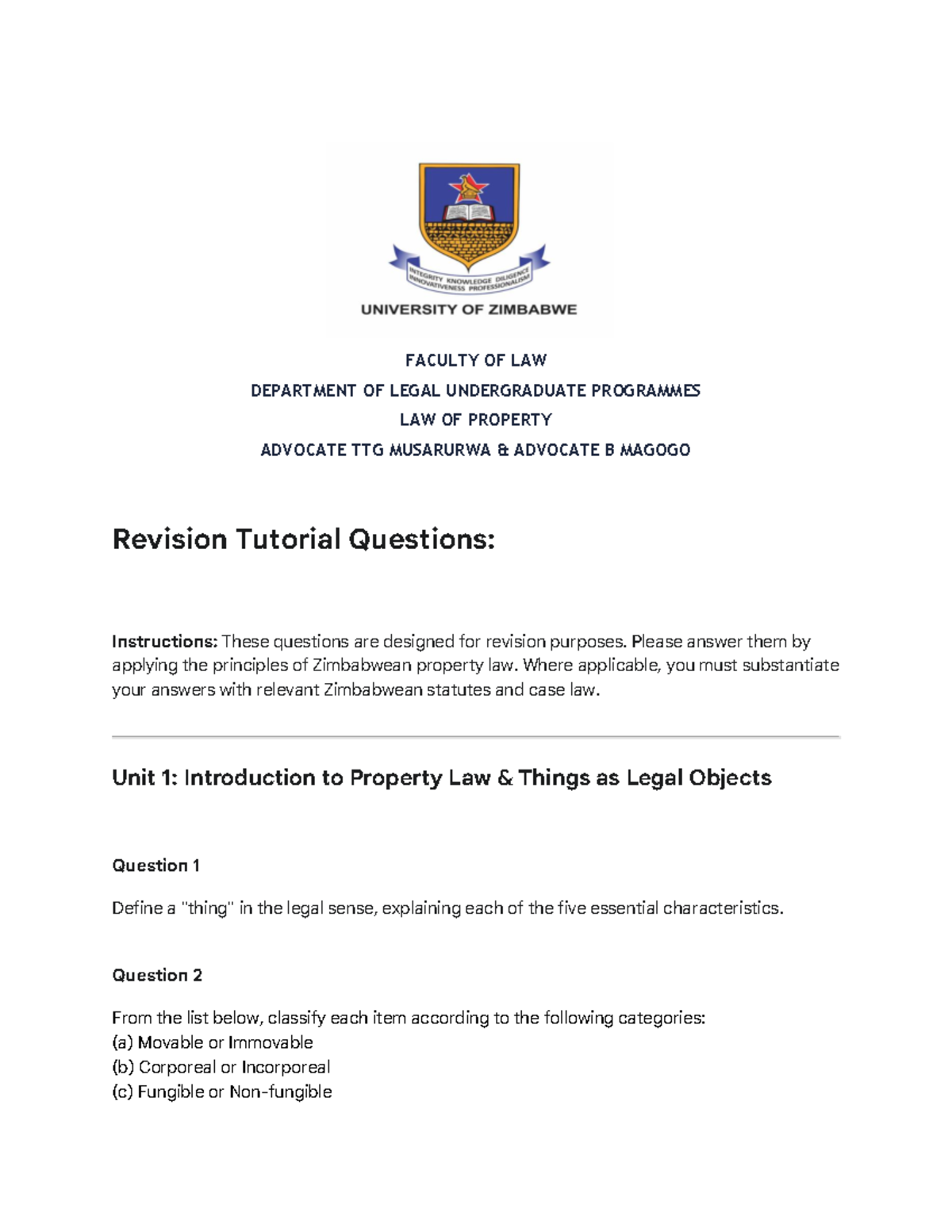 LAW 2025: Revision Tutorial Questions on Property Law Principles - Studocu