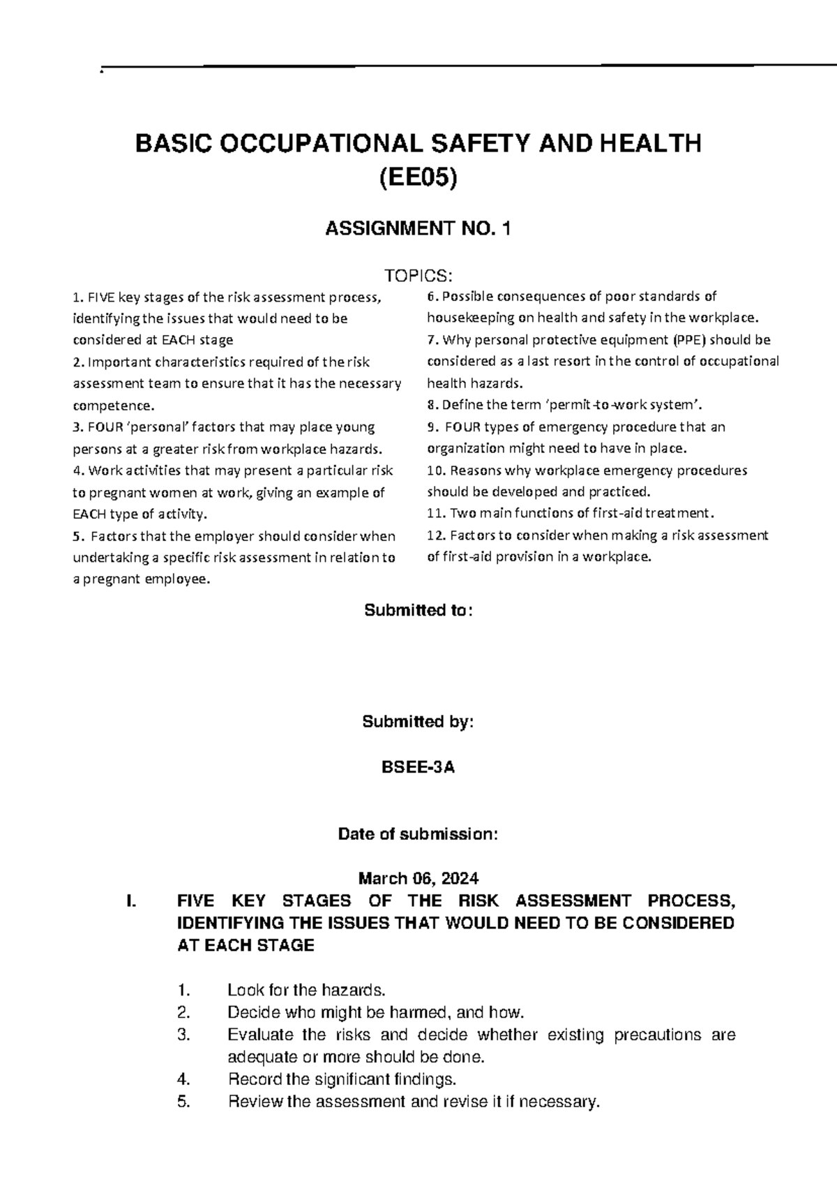 EE05 - Occupational Safety and Health Assignment Notes - Studocu