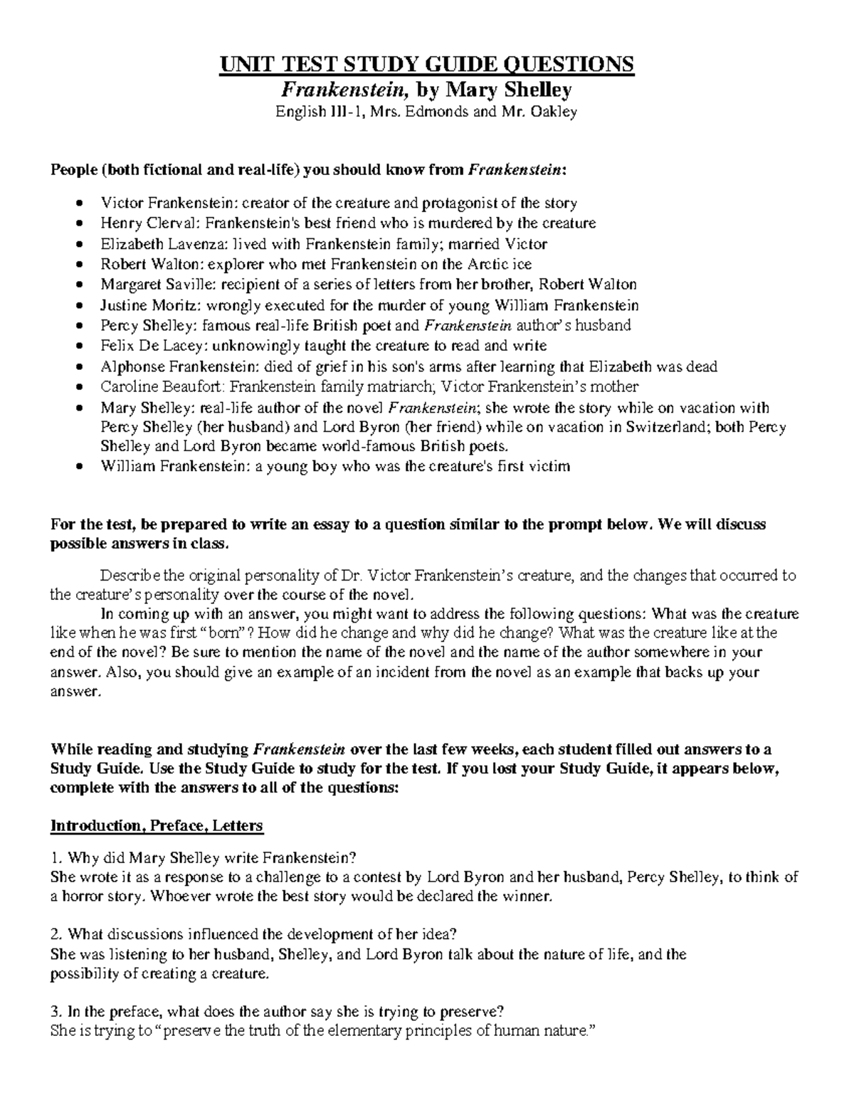 Frankenstein Unit Test Study Guide: Key Characters & Themes Explained ...