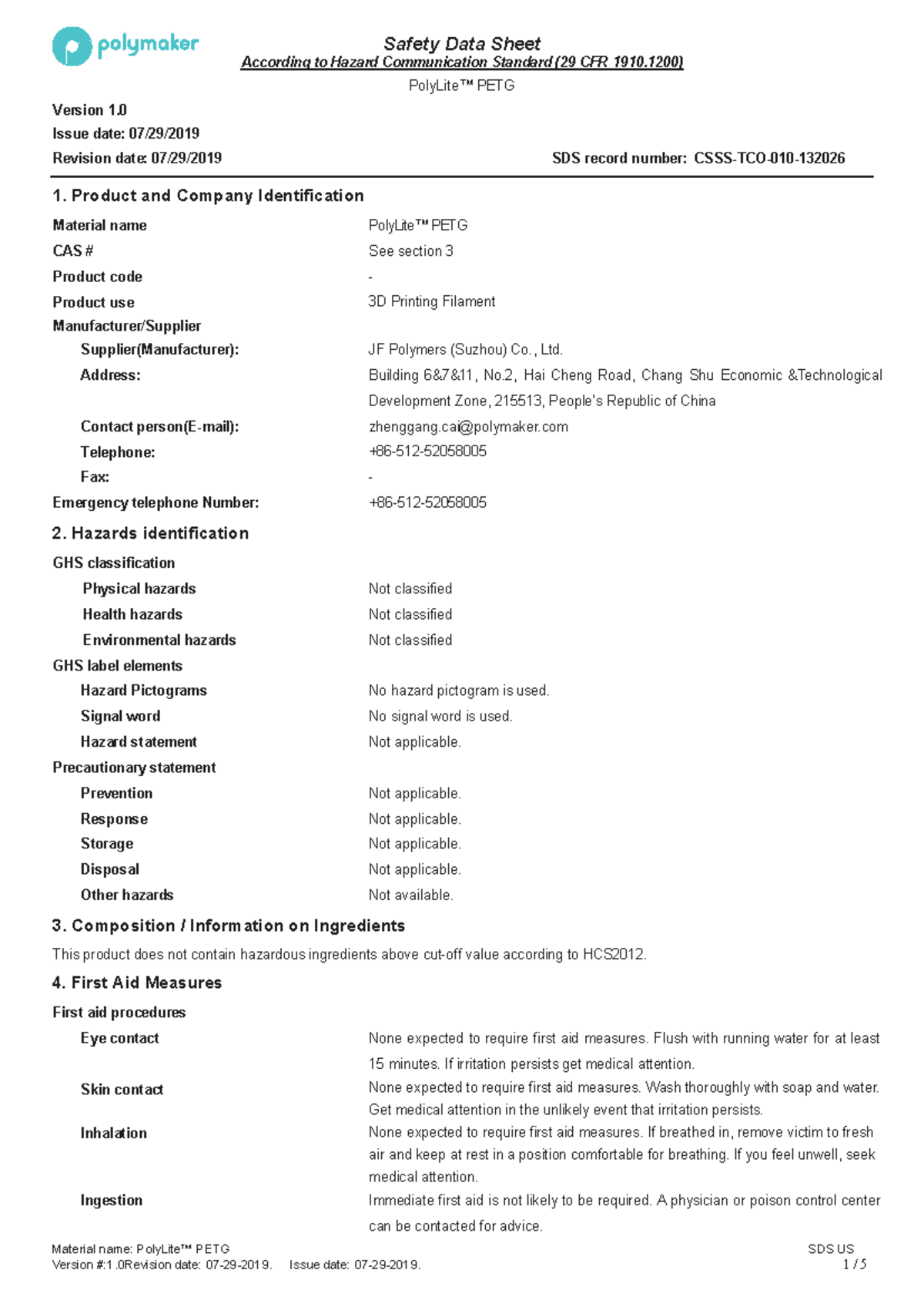 Poly Lite PETG Safety Data Sheet (SDS) US EN V1 - Studocu