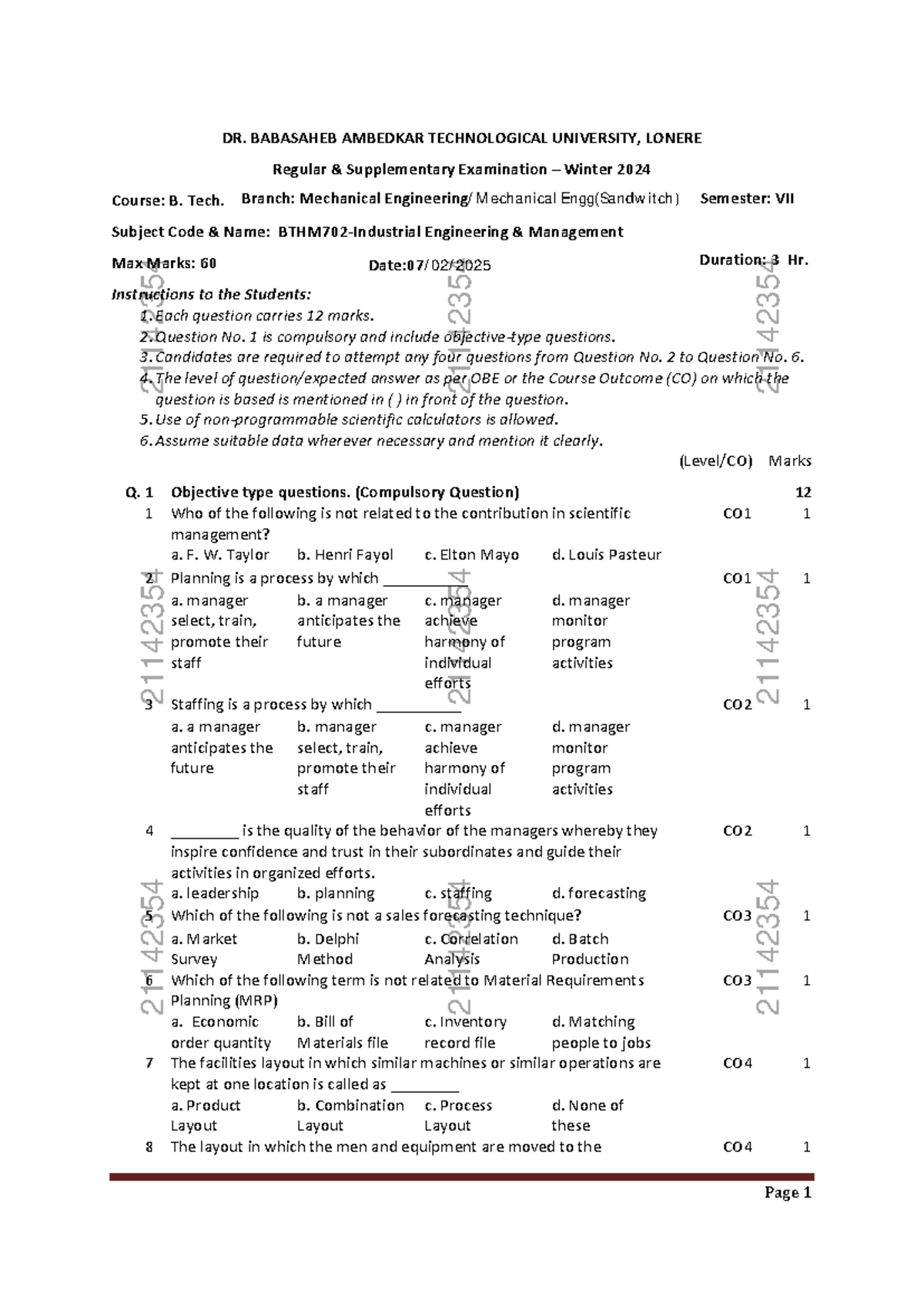 Engineering Management Exam - B. Tech (21142354) - Winter 2024 - Studocu