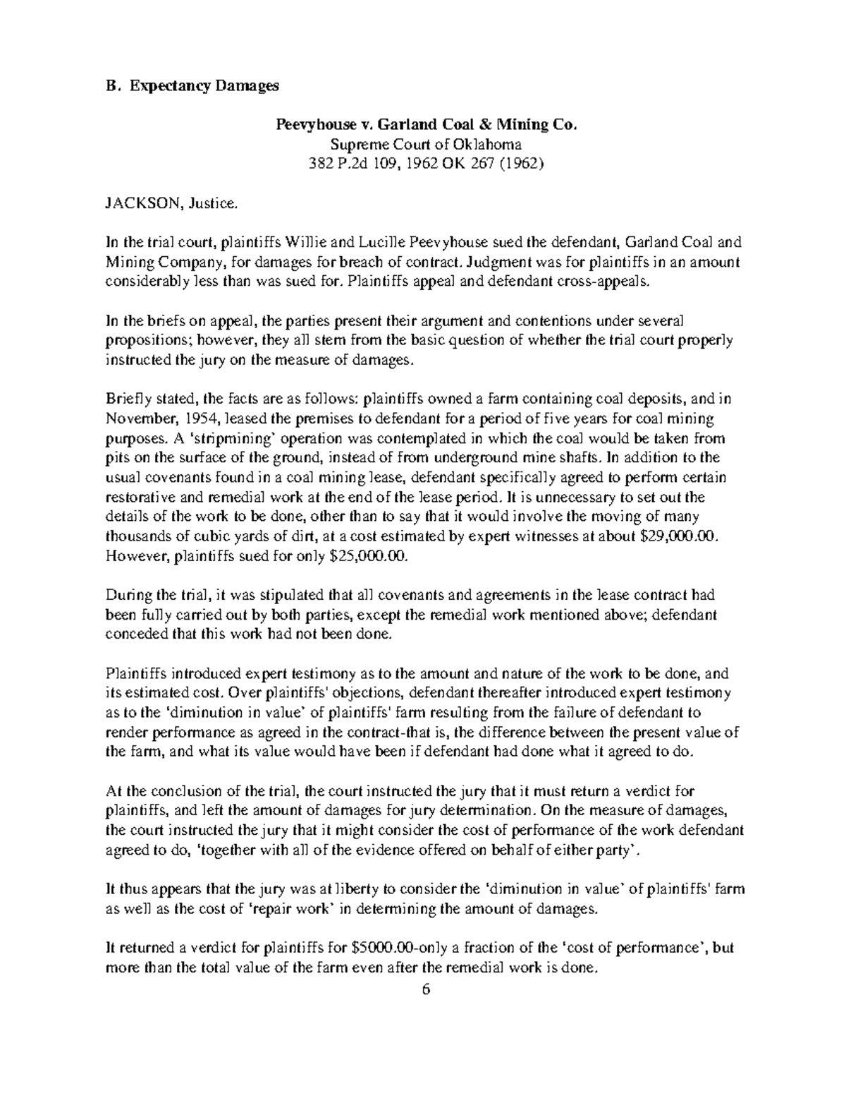 Peevyhouse v. Garland Coal Mining Co: Analysis of Expectancy Damages ...