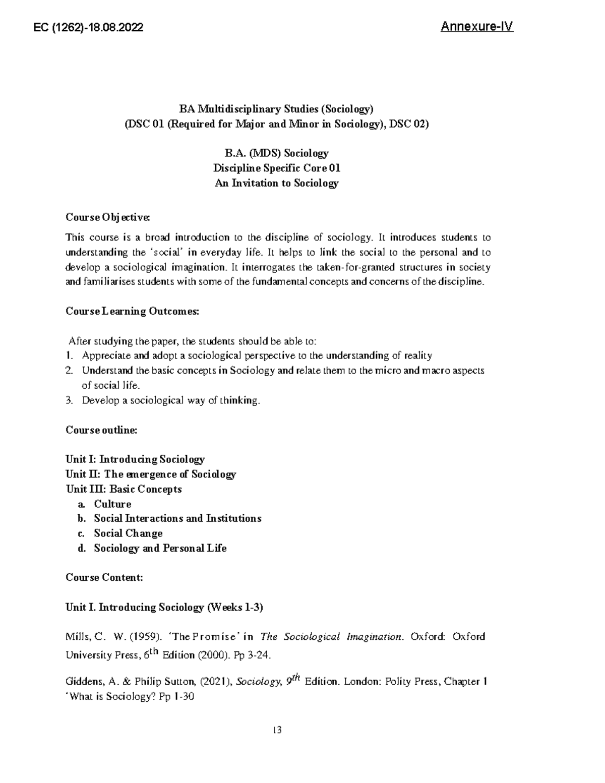 EC BA MDS Sociology DSC 01: Intro to Sociology Syllabus - Studocu