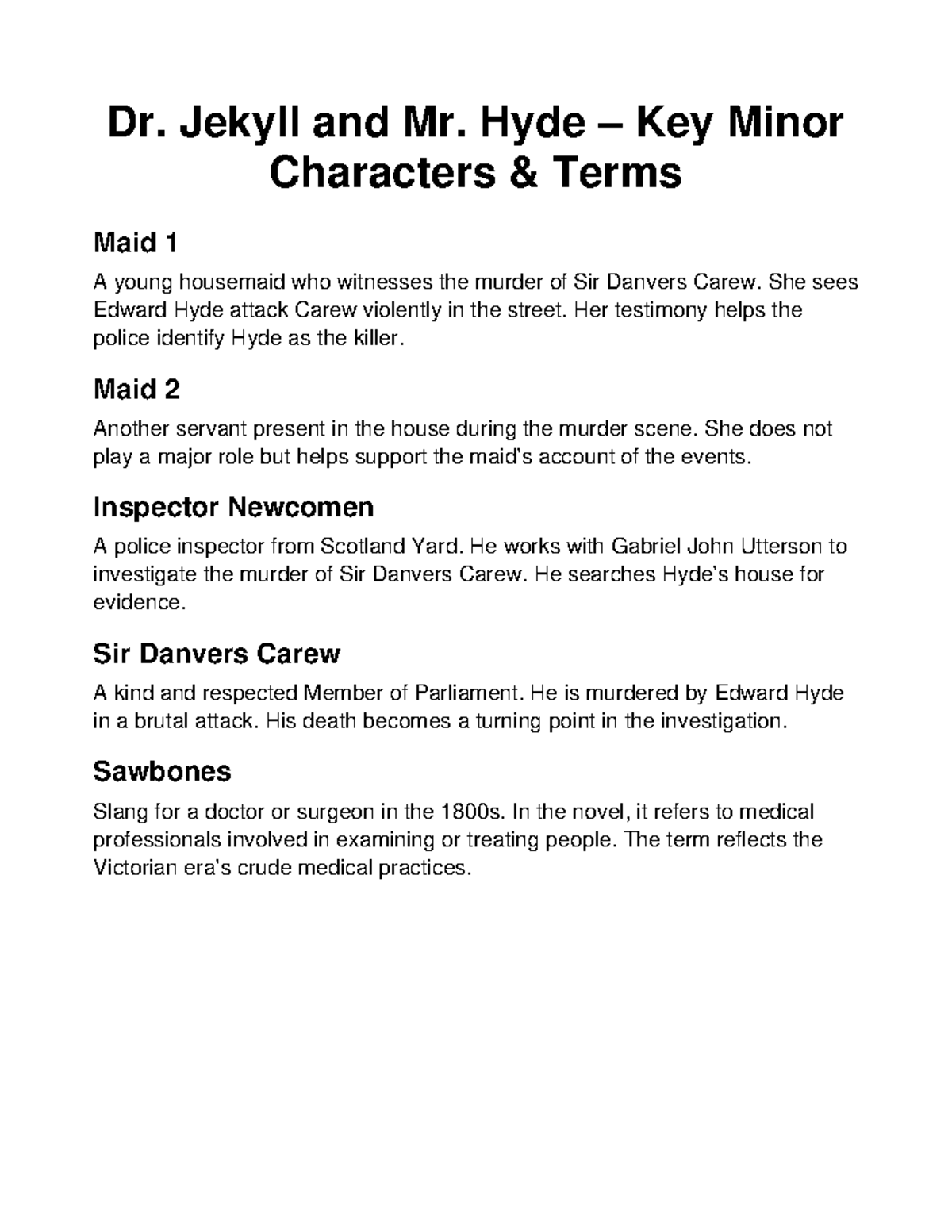 Dr. Jekyll and Mr. Hyde: Key Minor Characters Overview - Studocu