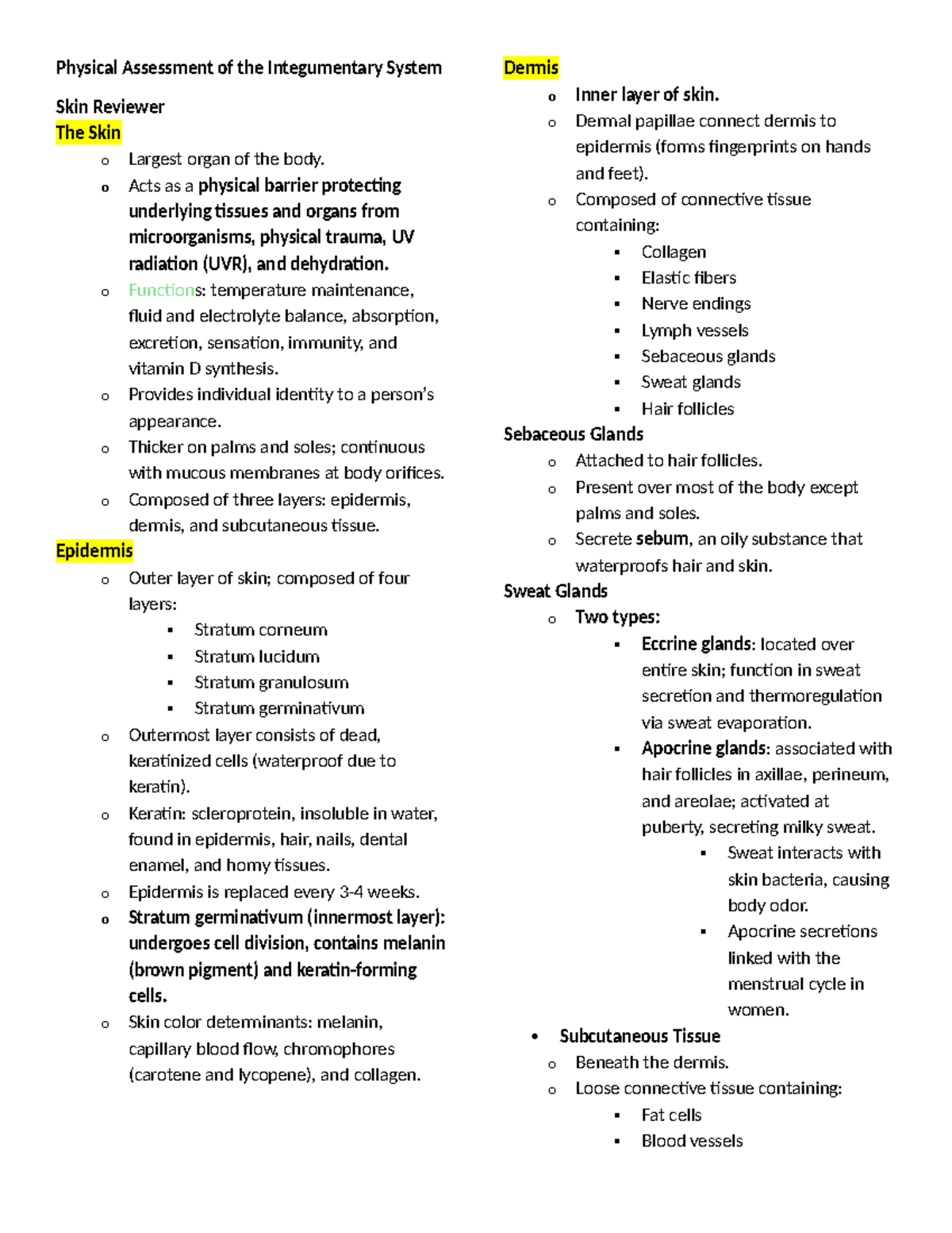 Physical Assessment of the Integumentary System: Skin Notes - Studocu