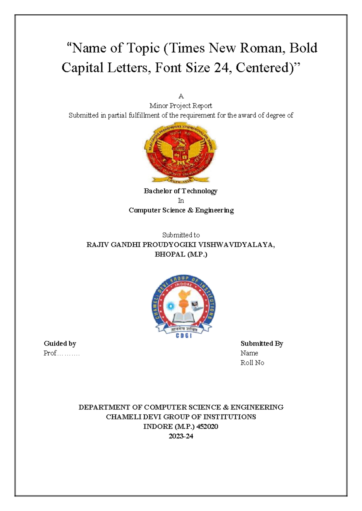 Minor Project Report Format for B.Tech in CSE - Session 2023-24 - Studocu