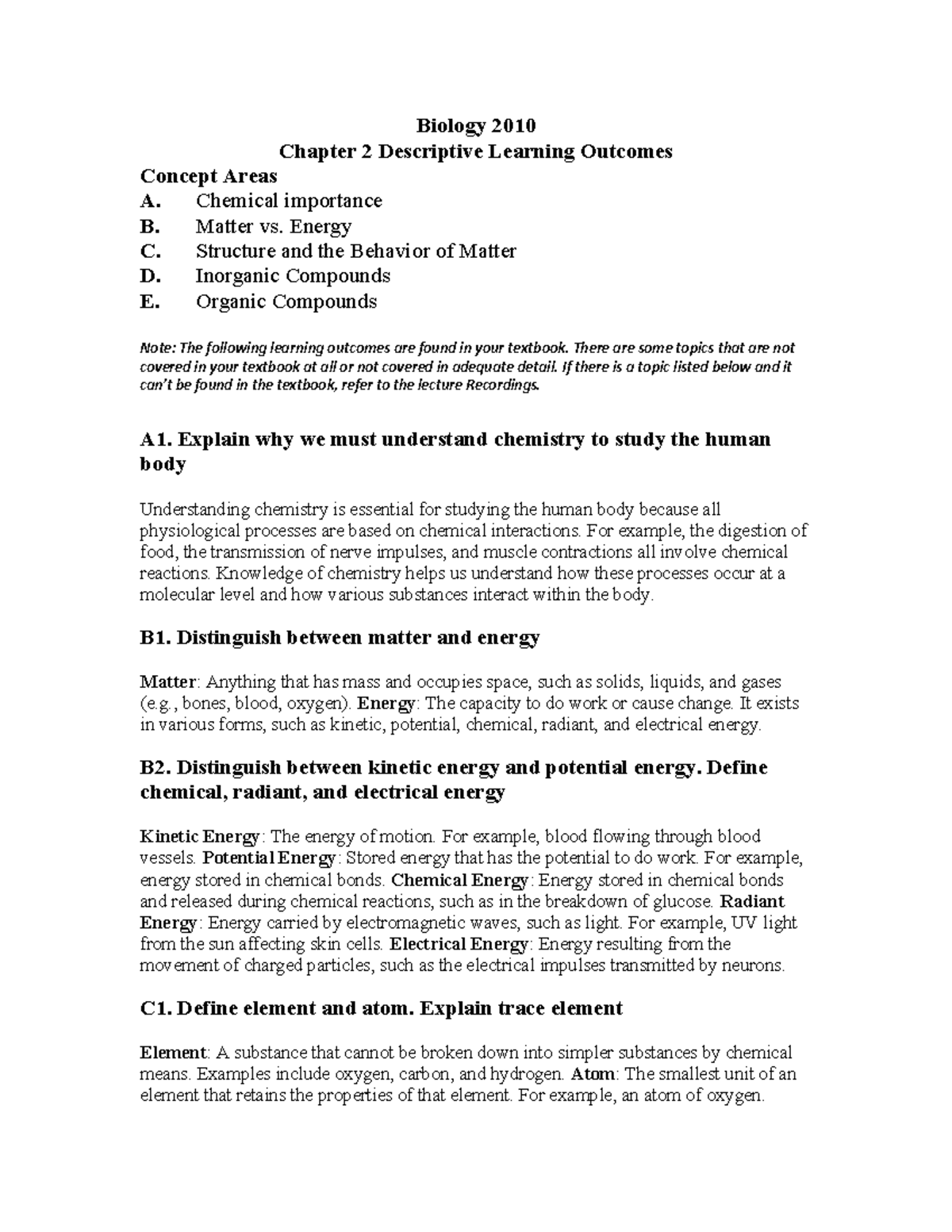 Biology 2010 Chapter 2 Study Guide: Chemical Foundations & Properties ...