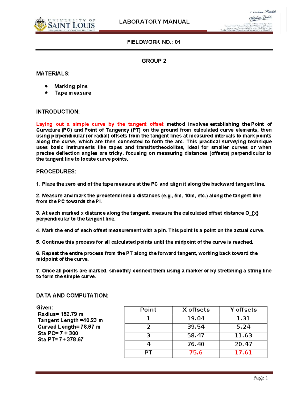 Surveying 1 Lab Manual: Fieldwork No. 01 - Curve Layout Techniques ...