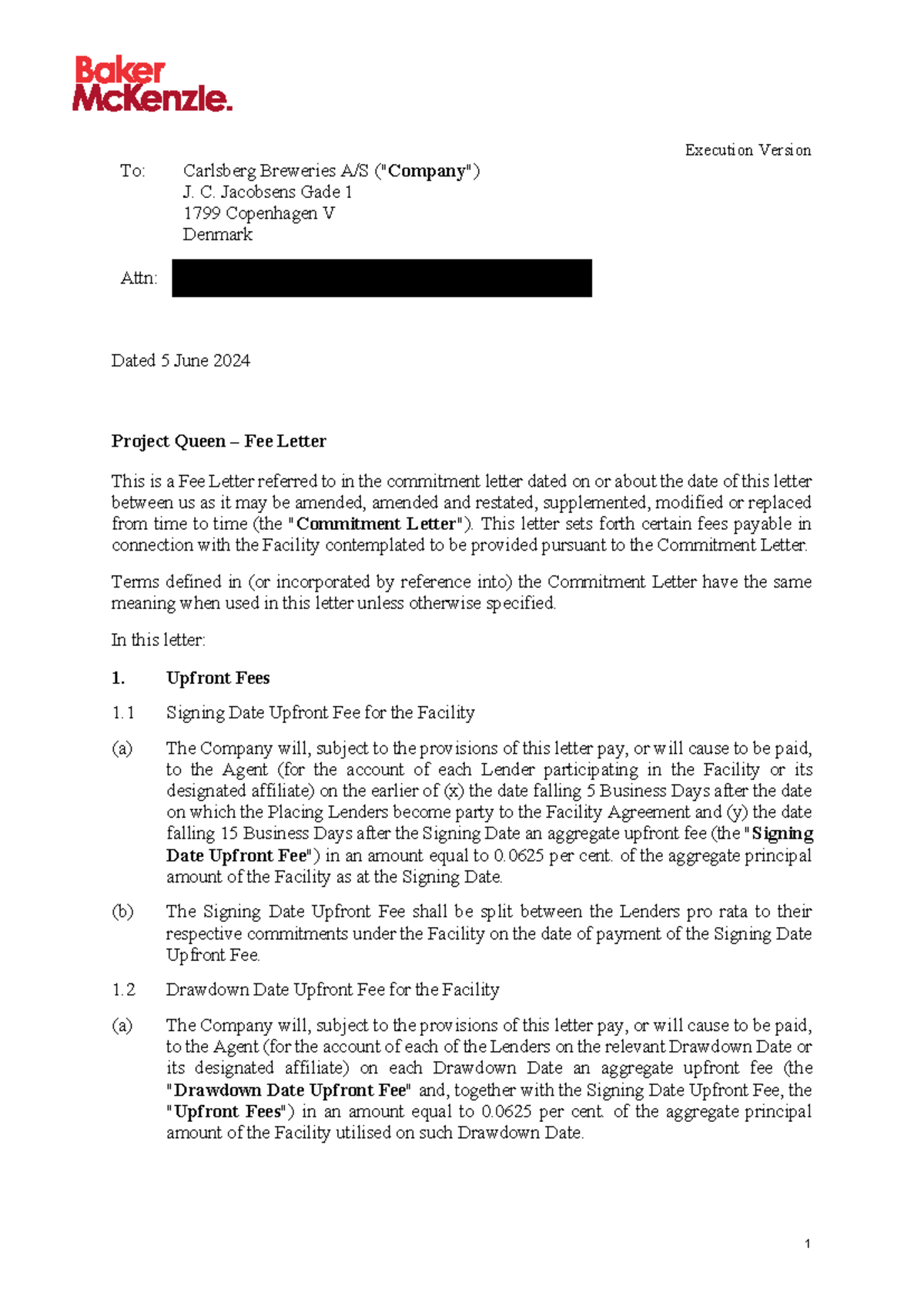 Baker McKenzie Project Queen Fee Letter - Execution Version - Studocu