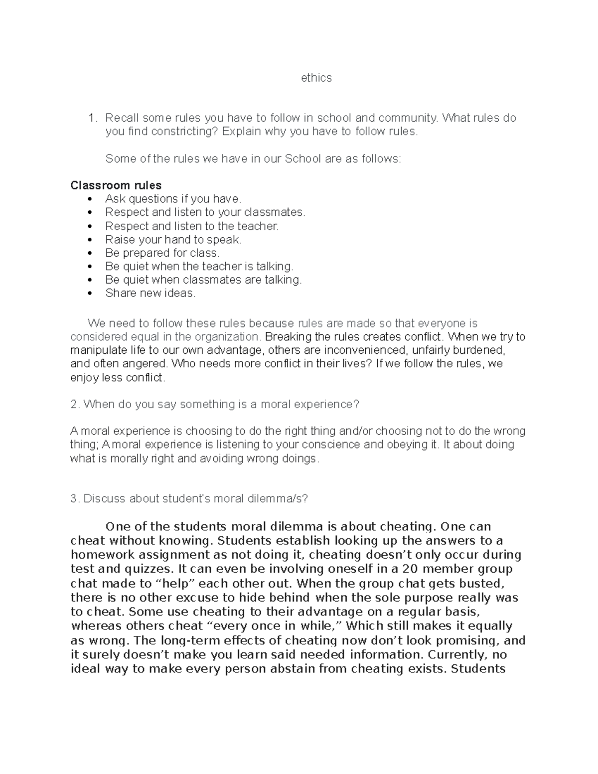 Ethics Assignment: Exploring Rules and Moral Dilemmas in School - Studocu