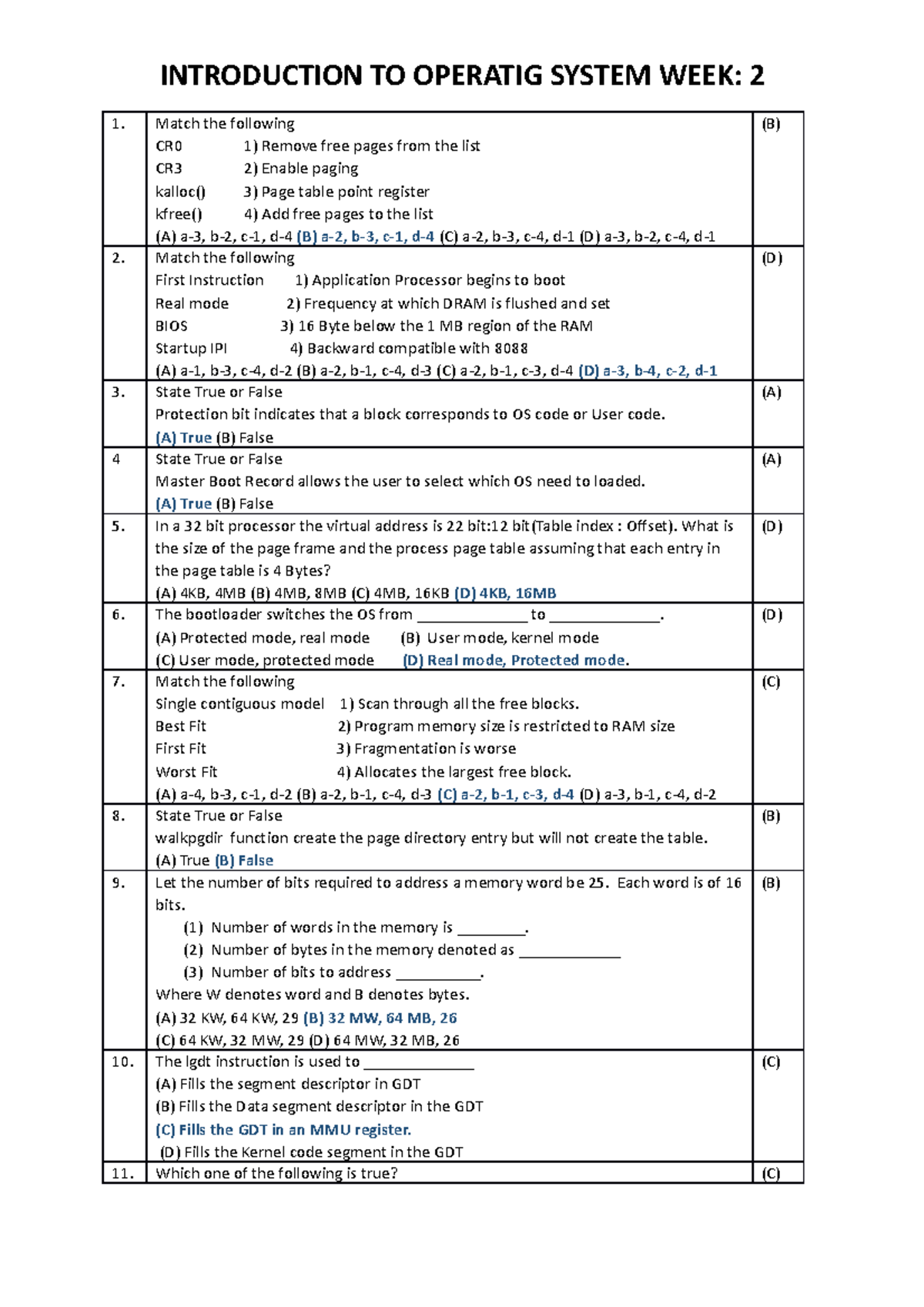 Operating Systems W2: Matching & True/False Questions Insights - Studocu
