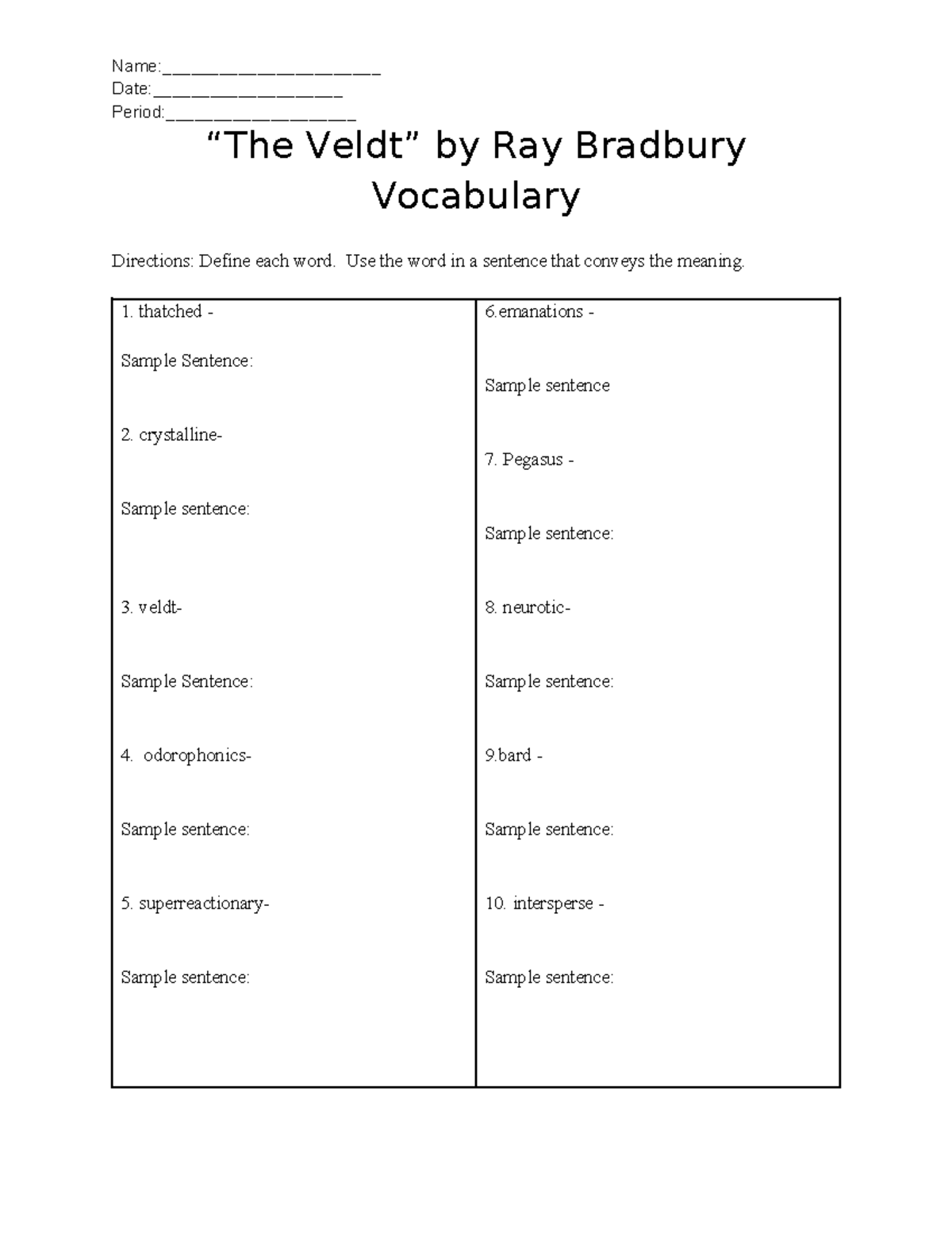 The Veldt Vocabulary Assignment - Literary Analysis and Discussion ...