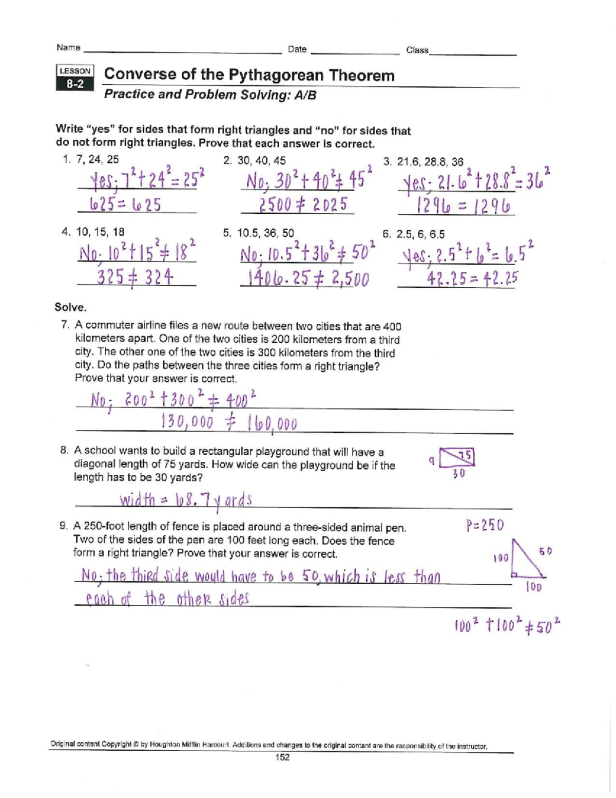 8.2 Converse of the Pythagorean Theorem Lesson Practice Key - Studocu