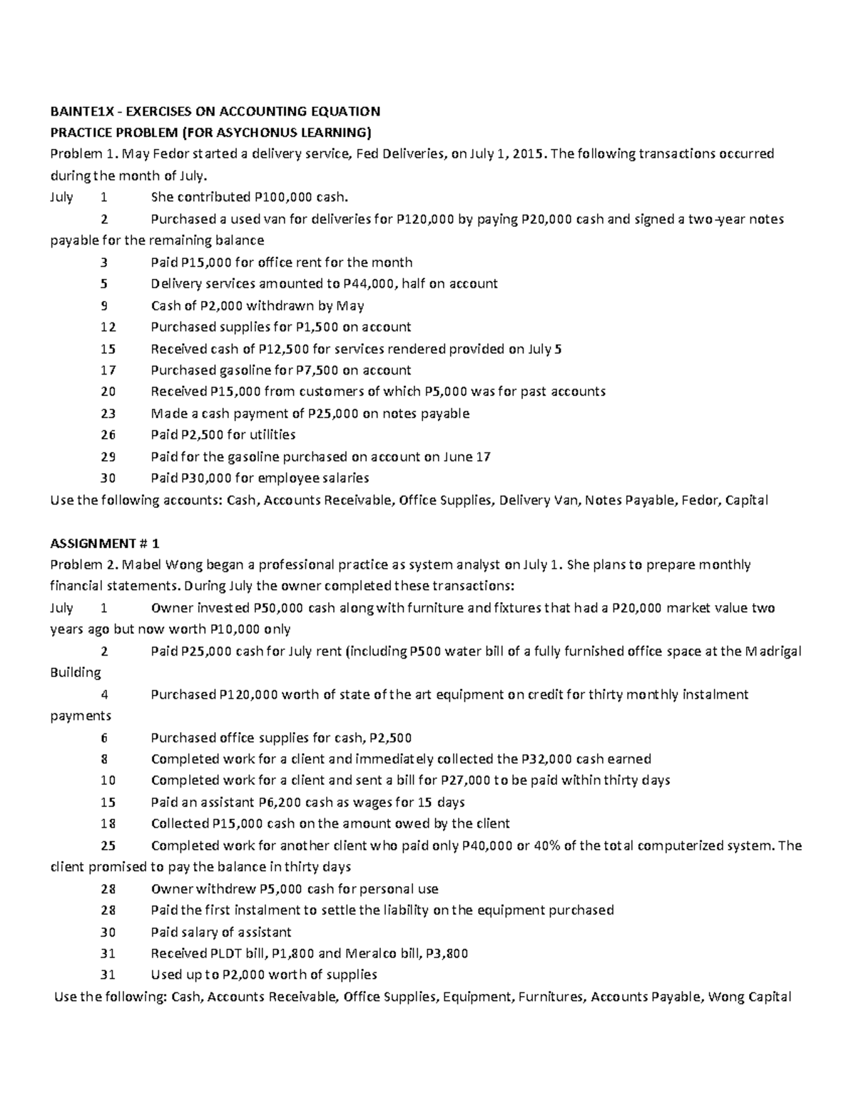 BAINTE1X - Basic Accounting Exercises for Assignment 1 - Studocu