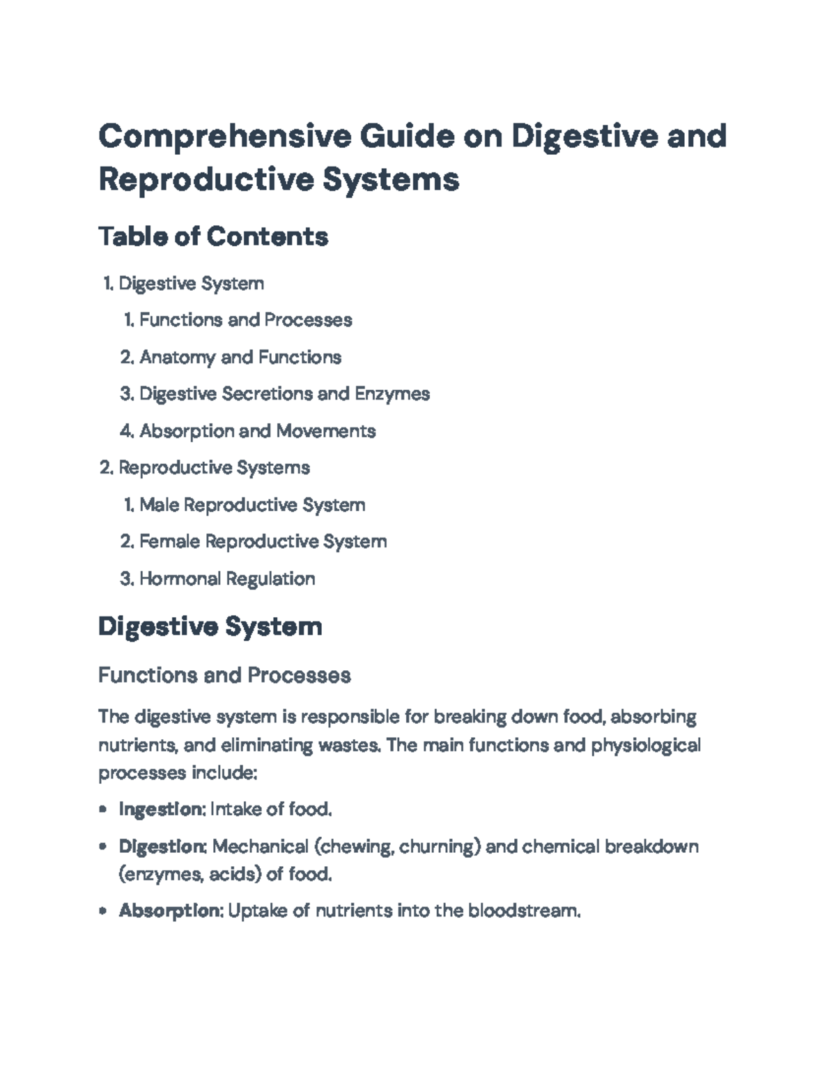 Comprehensive Study on Digestive and Reproductive Systems (BIO 101 ...