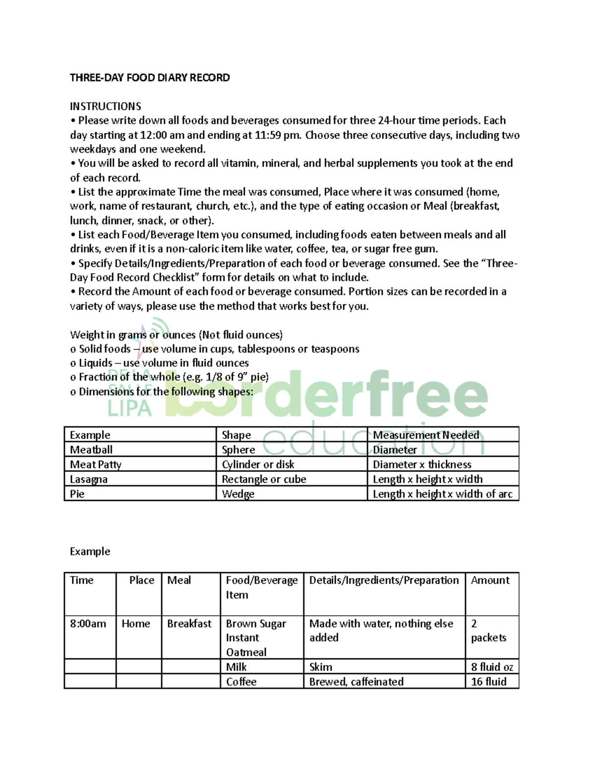 24-Hour Dietary Recall & Three-Day Food Diary Instructions - Studocu