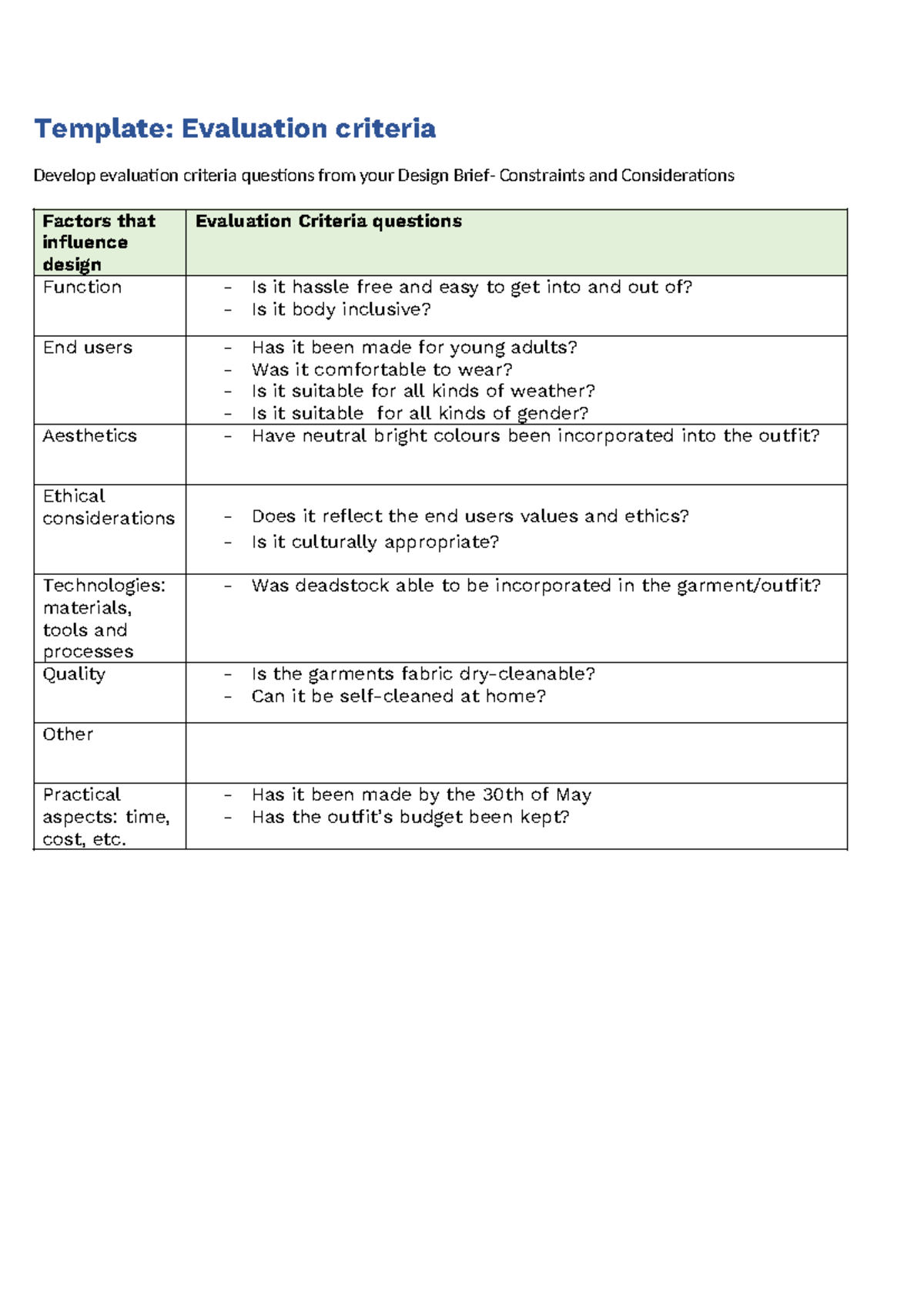 Template Evaluation Criteria - Template: Evaluation criteria Develop ...