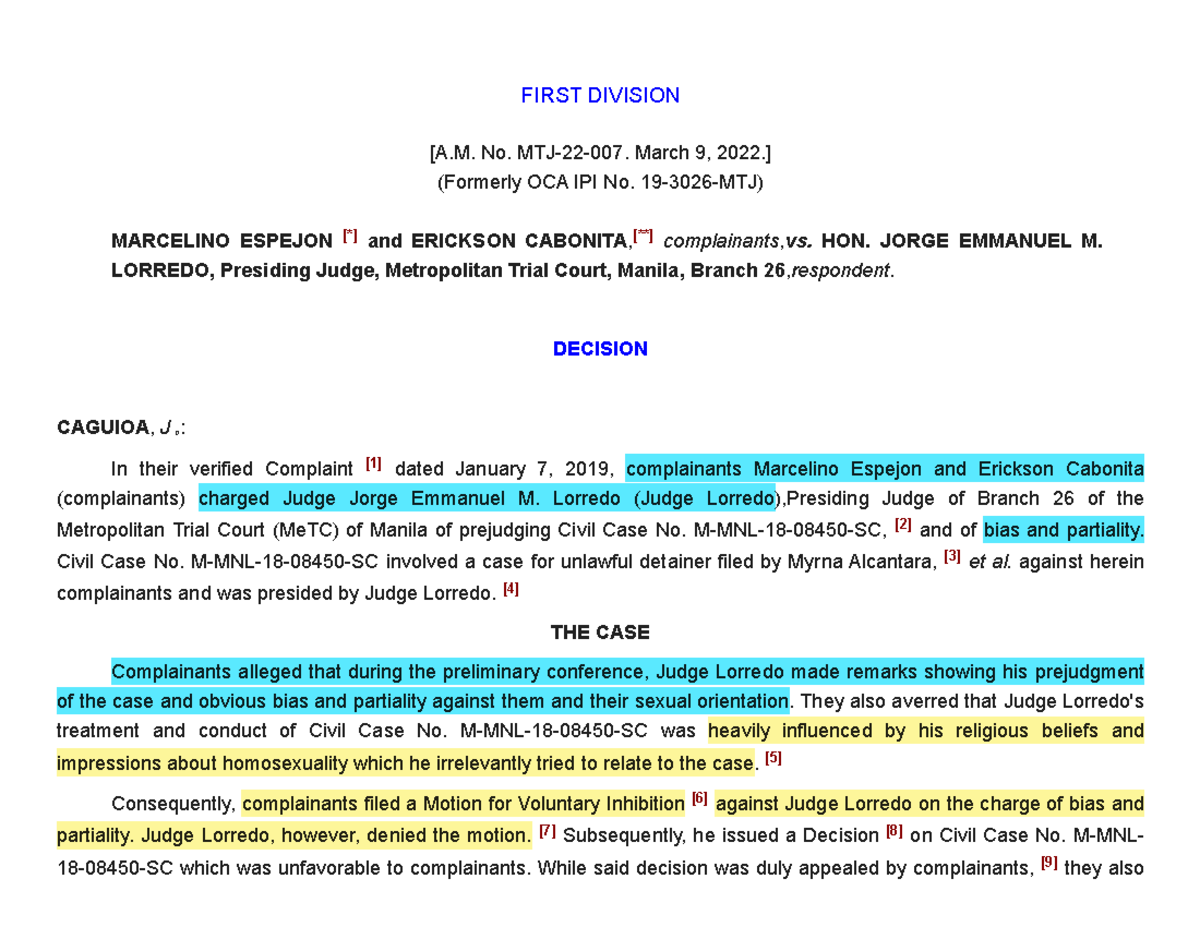 Administrative Case: Espejon vs. Hon. Lorredo - Misconduct & Bias ...