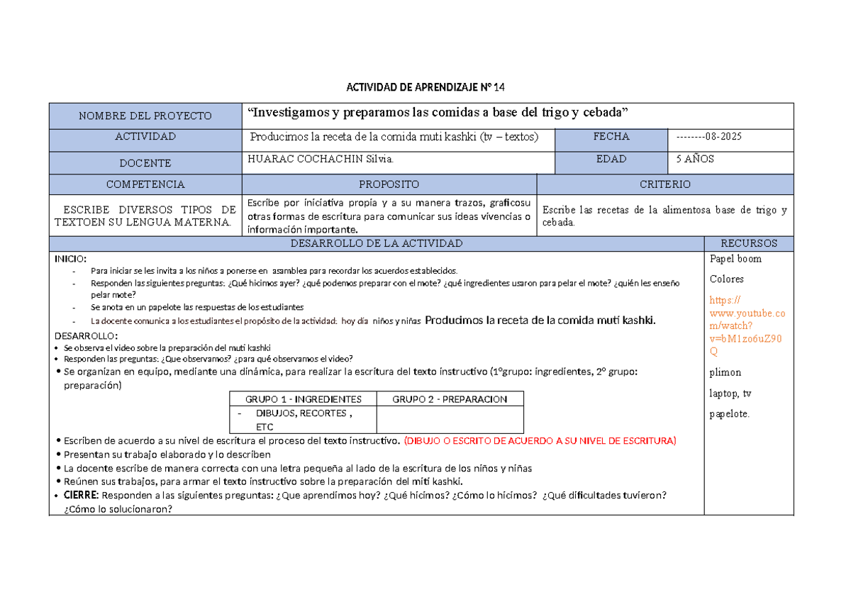 Actividad de Aprendizaje N° 14: Receta de Muti Kashki para Niños - Studocu