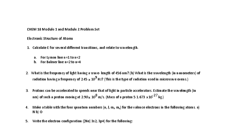 CHEM 18 1st Exam Problem Set: Electronic Structure & Periodic Trends ...