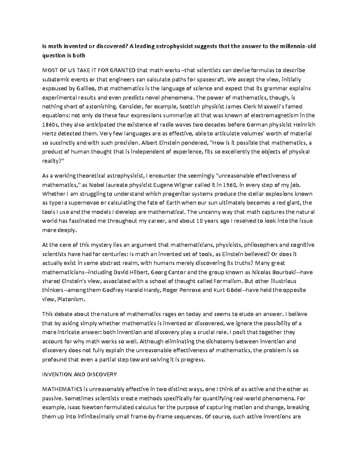 MATH 101 - Exploring the Nature of Mathematics: Invention or Discovery ...