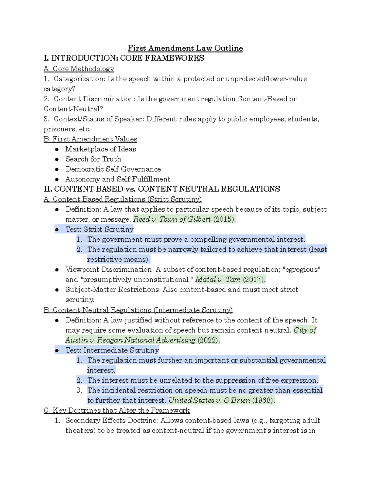 First Amendment Law Outline: Key Frameworks and Doctrines - Studocu