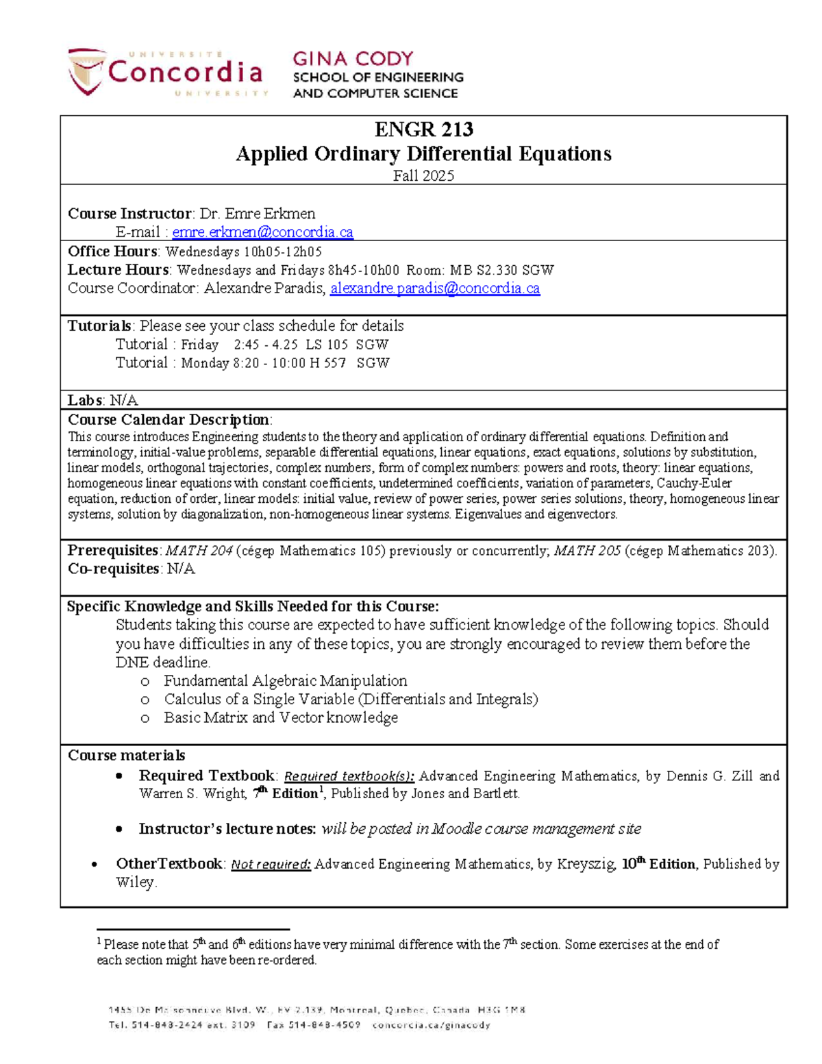 ENGR 213 Course Outline: Applied Ordinary Differential Equations Fall ...