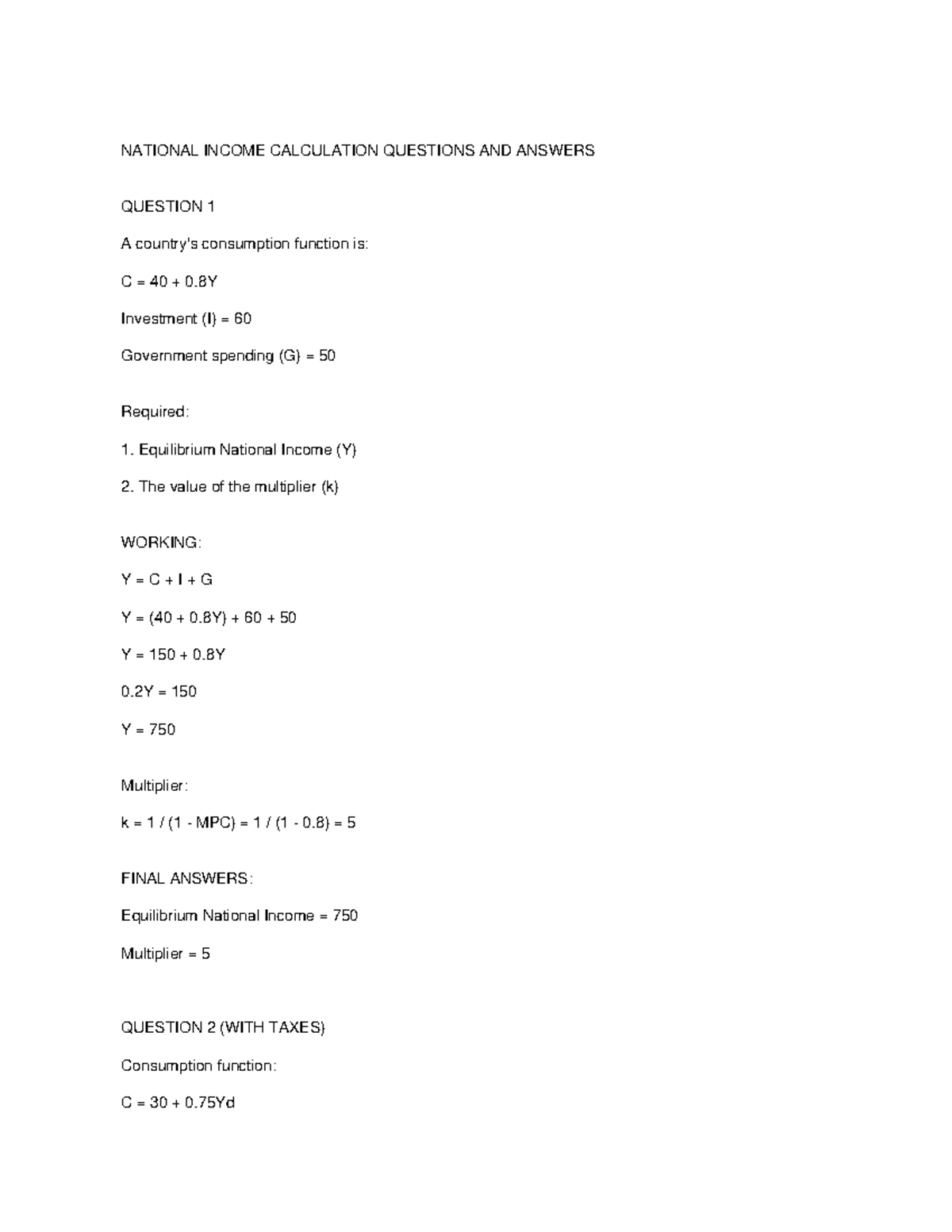 National Income Calculation Q&A: Equilibrium & Multiplier Analysis ...