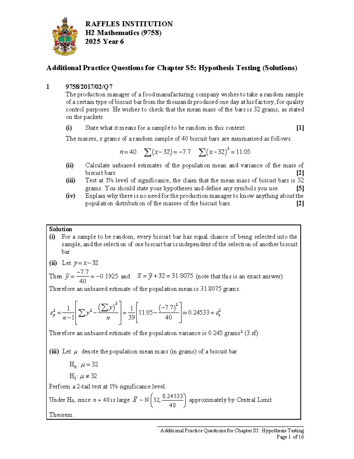 S5 Hypothesis Testing Additional Practice Questions Solutions (H2 Math ...