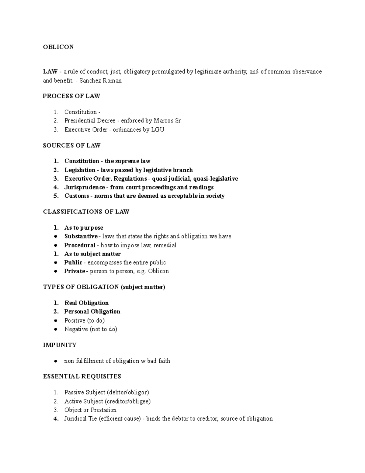Obligations Notes (OBLICON LAW): Key Concepts and Classifications - Studocu