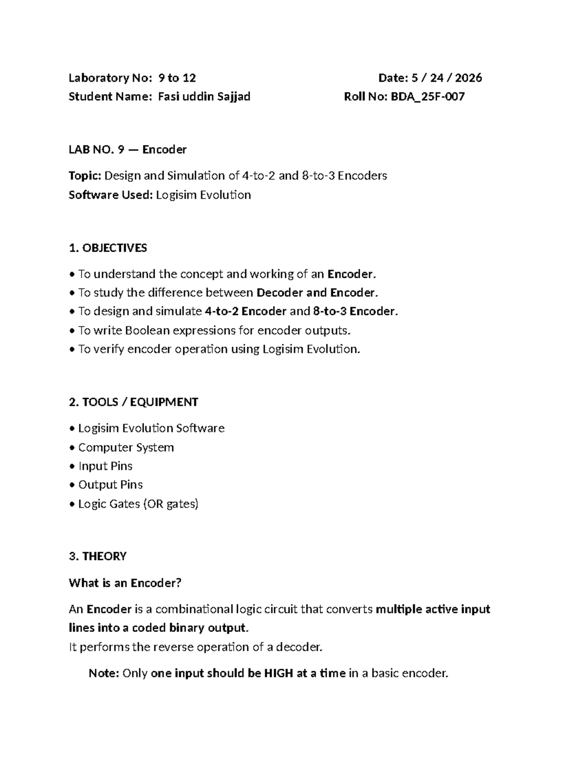 Lab 9-12: Encoder & Sequential Logic Design in Logisim Evolution - Studocu