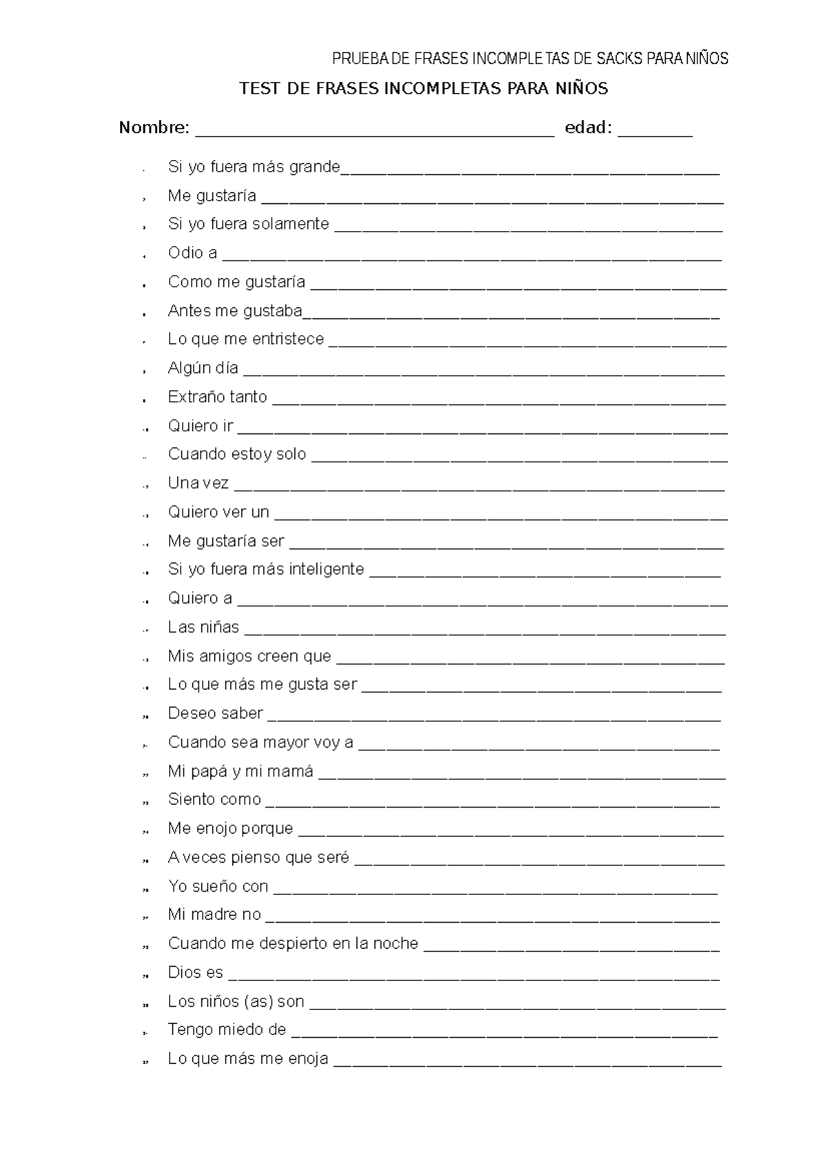 Test de Frases Incompletas para Niños - Ejercicio Interactivo - Studocu