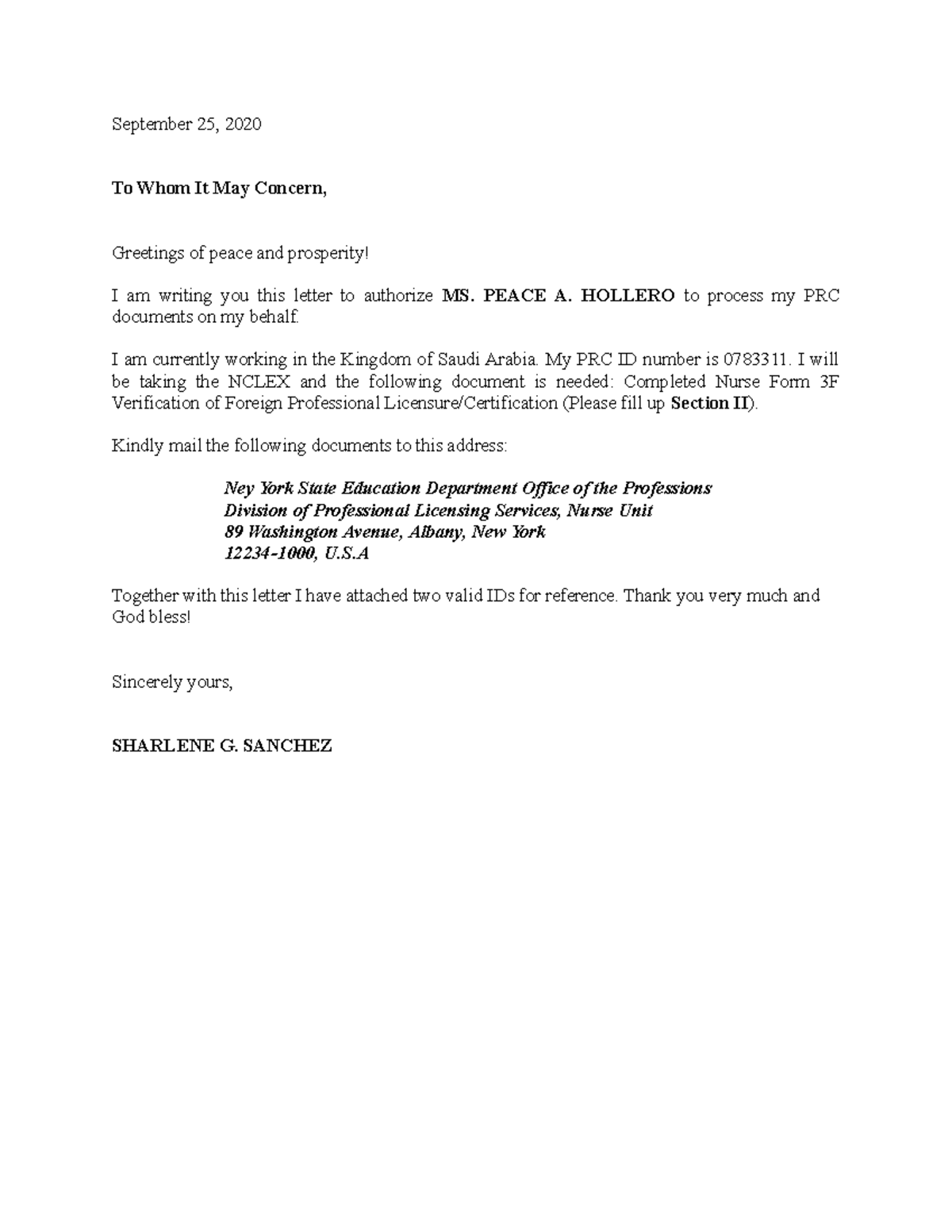 Authorization Letter Sample for PRC Documents Processing - Studocu