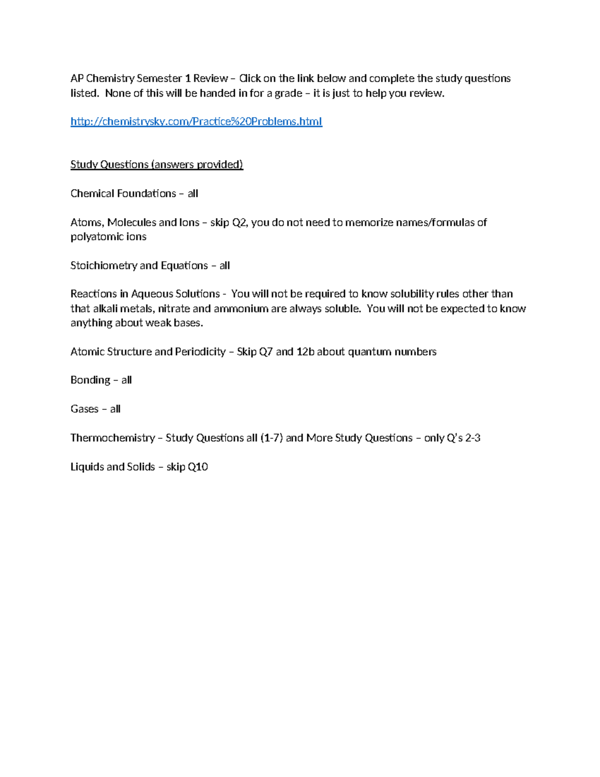 AP Chem Sem 1 Final Exam Study Questions and Review Guide - Studocu