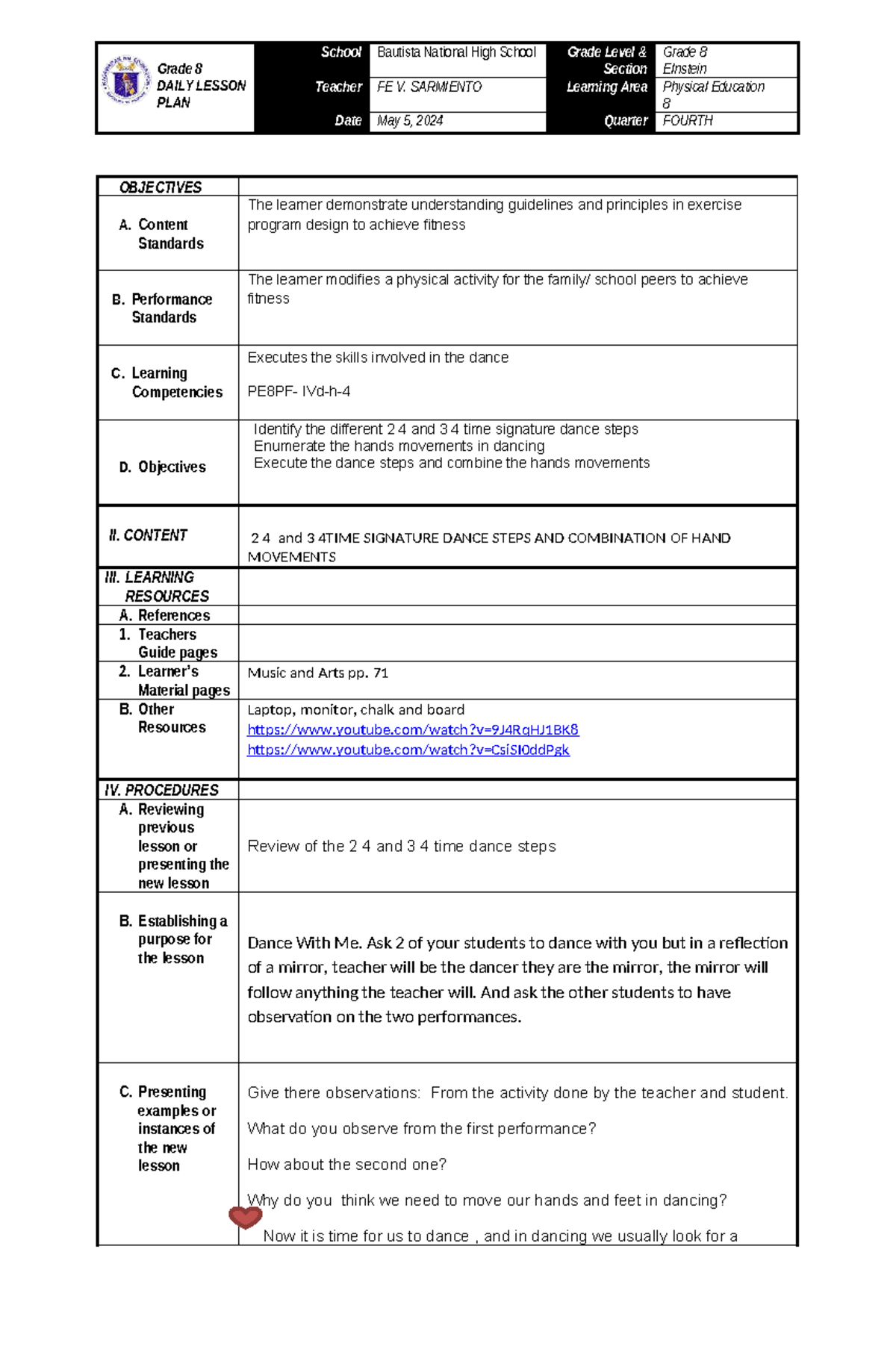 Grade 8 PE Lesson Plan: Dance Steps & Hand Movements - Studocu