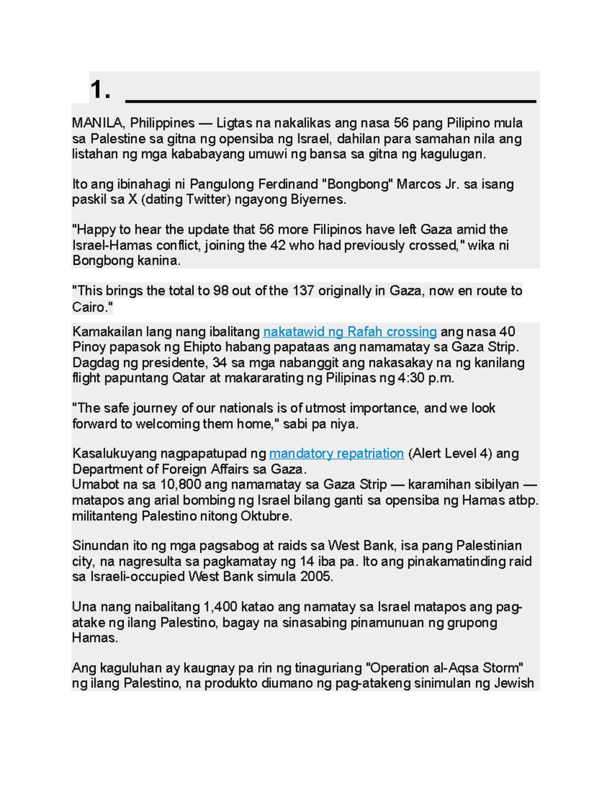 Filipino Updates: Repatriation from Gaza Amid Ongoing Conflict - Studocu
