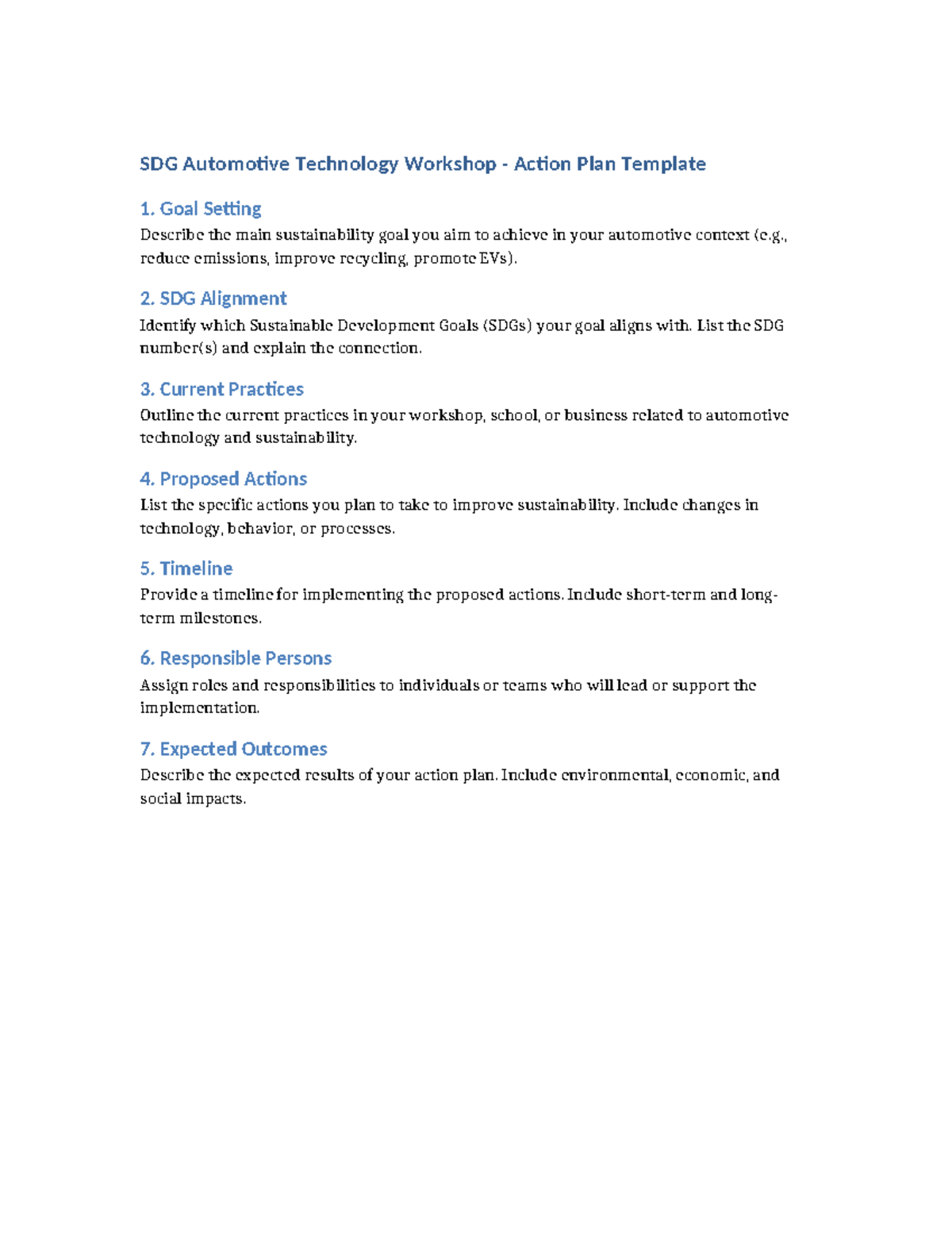 SDG Automotive Tech Workshop Action Plan Template - Studocu