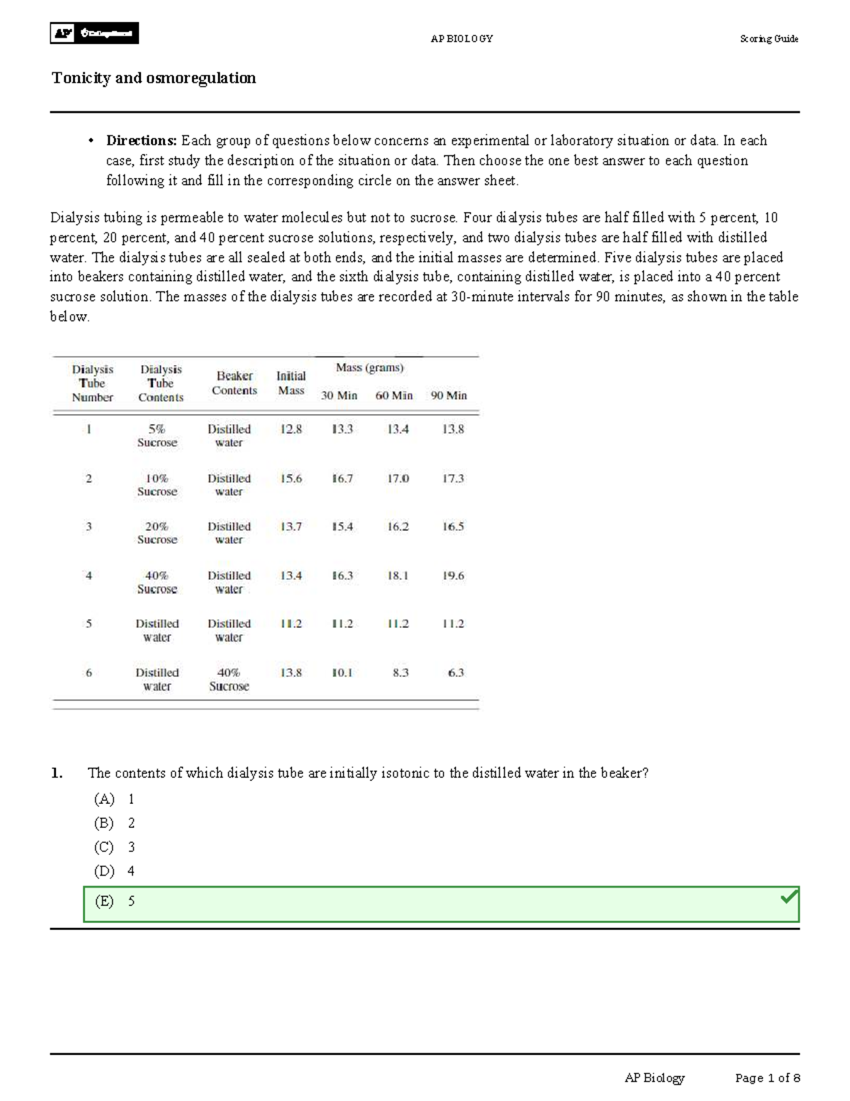 AP BIOLOGY Scoring Guide: Tonicity and Osmoregulation Analysis - Studocu