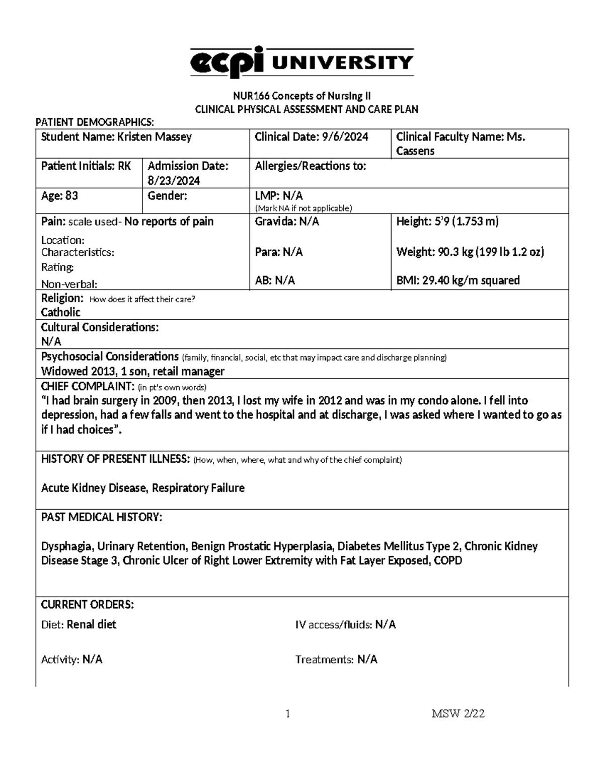 Care Plan 2 - Detailed care plan - NUR166 Concepts of Nursing II ...