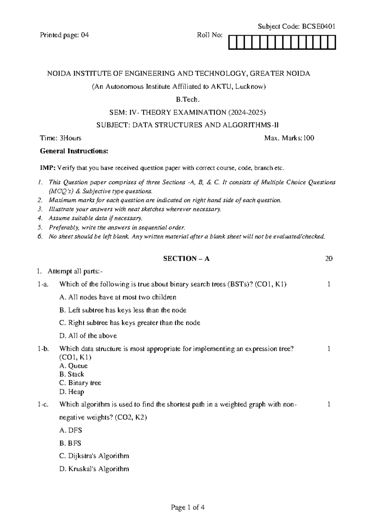 BCSE0401 - Data Structures Theory Exam Question Paper - Studocu