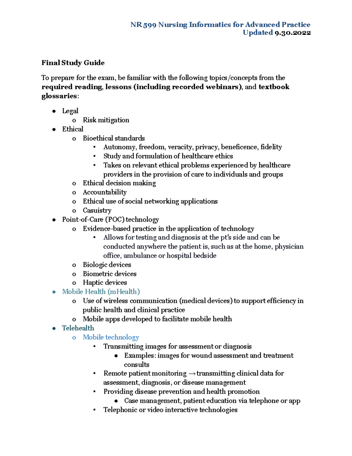 NR 599 Nursing Informatics for Advanced Practice Final Exam Study Guide - Studocu